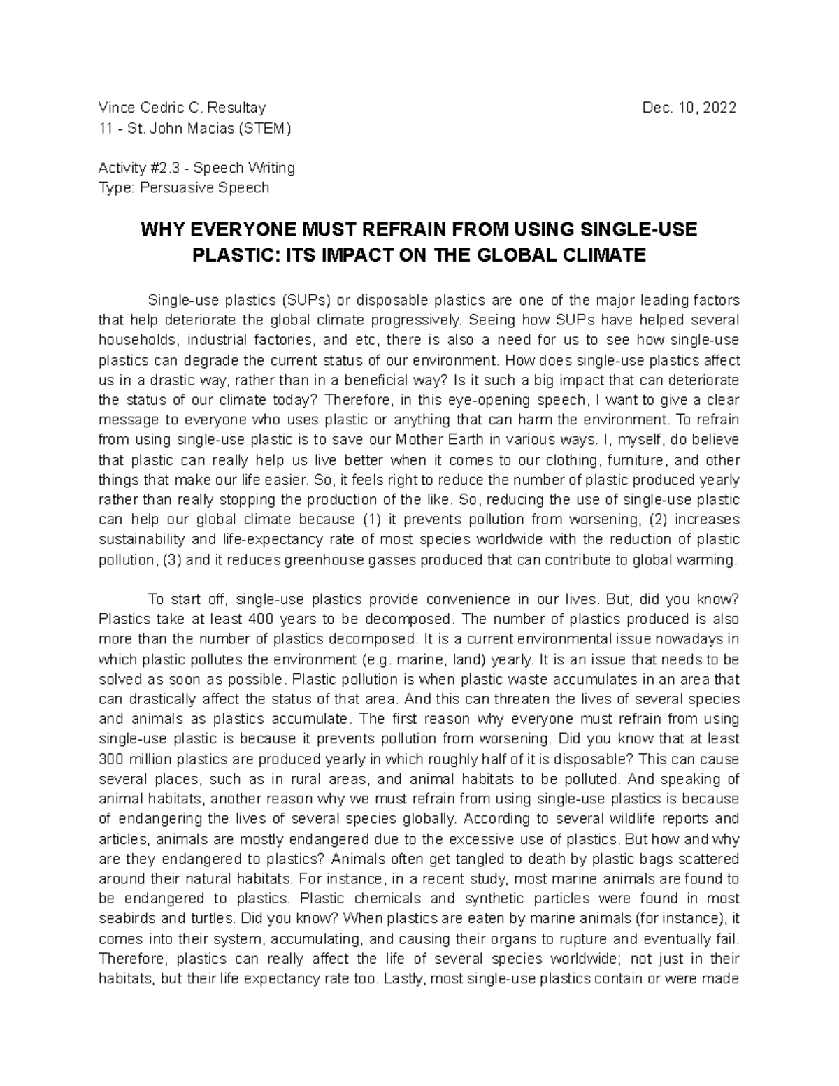 Persuasive Speech on Refraining from Single-Use Plastics (STEM 11 ...