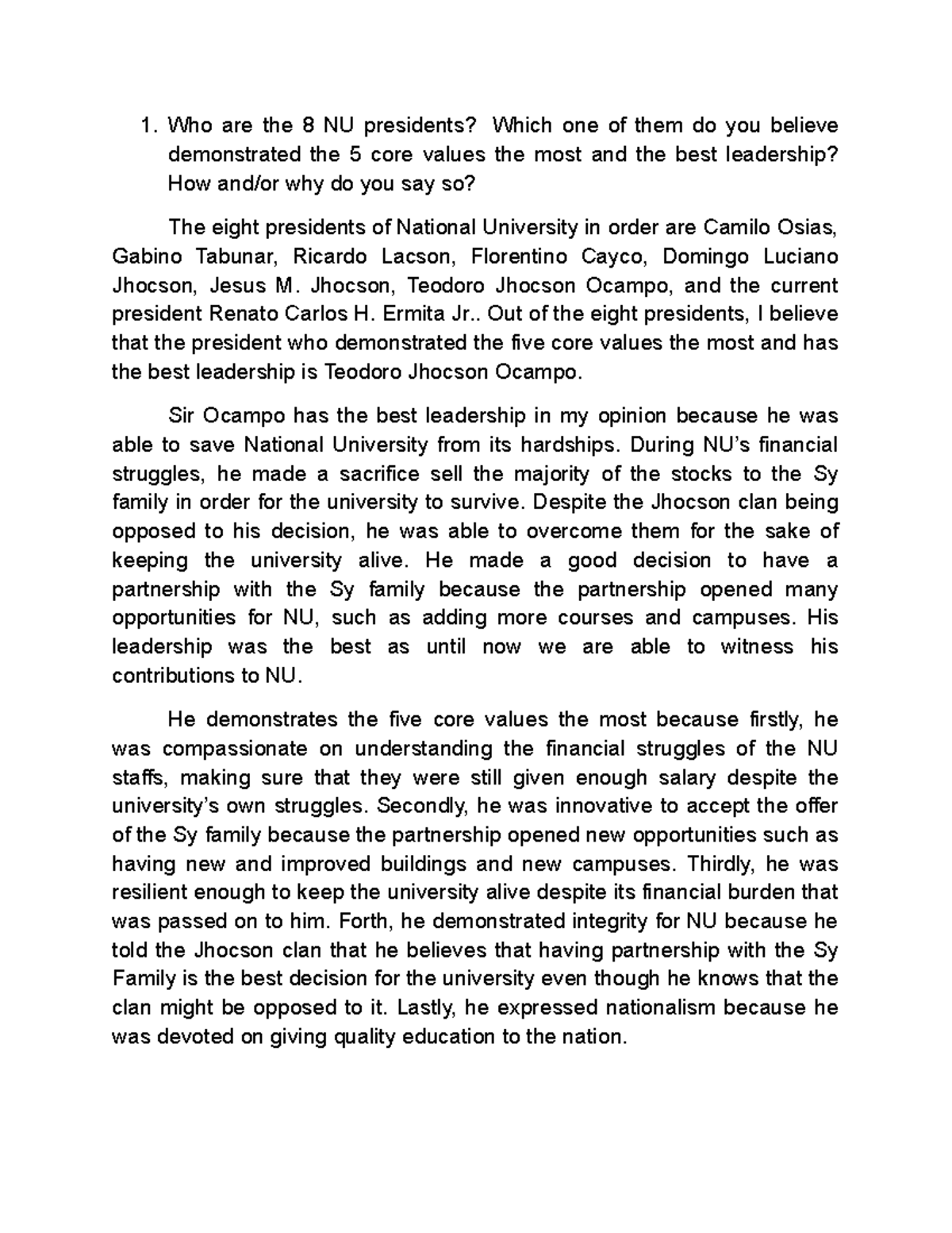 NU Leadership Reflection 3: Examining Core Values in Leadership - Studocu