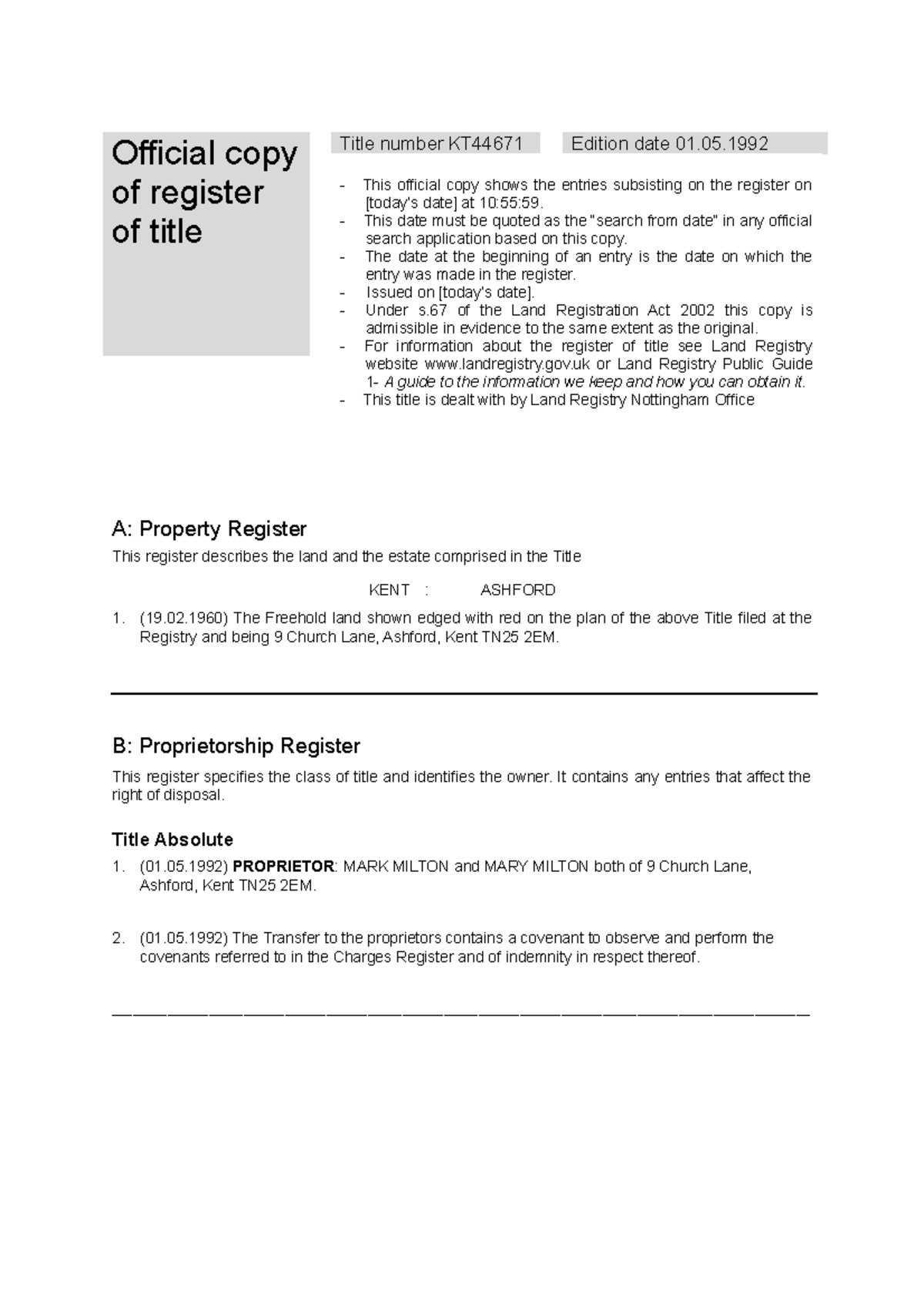 Title KT44671: Official Copy of Title Register for 9 Church Lane ...