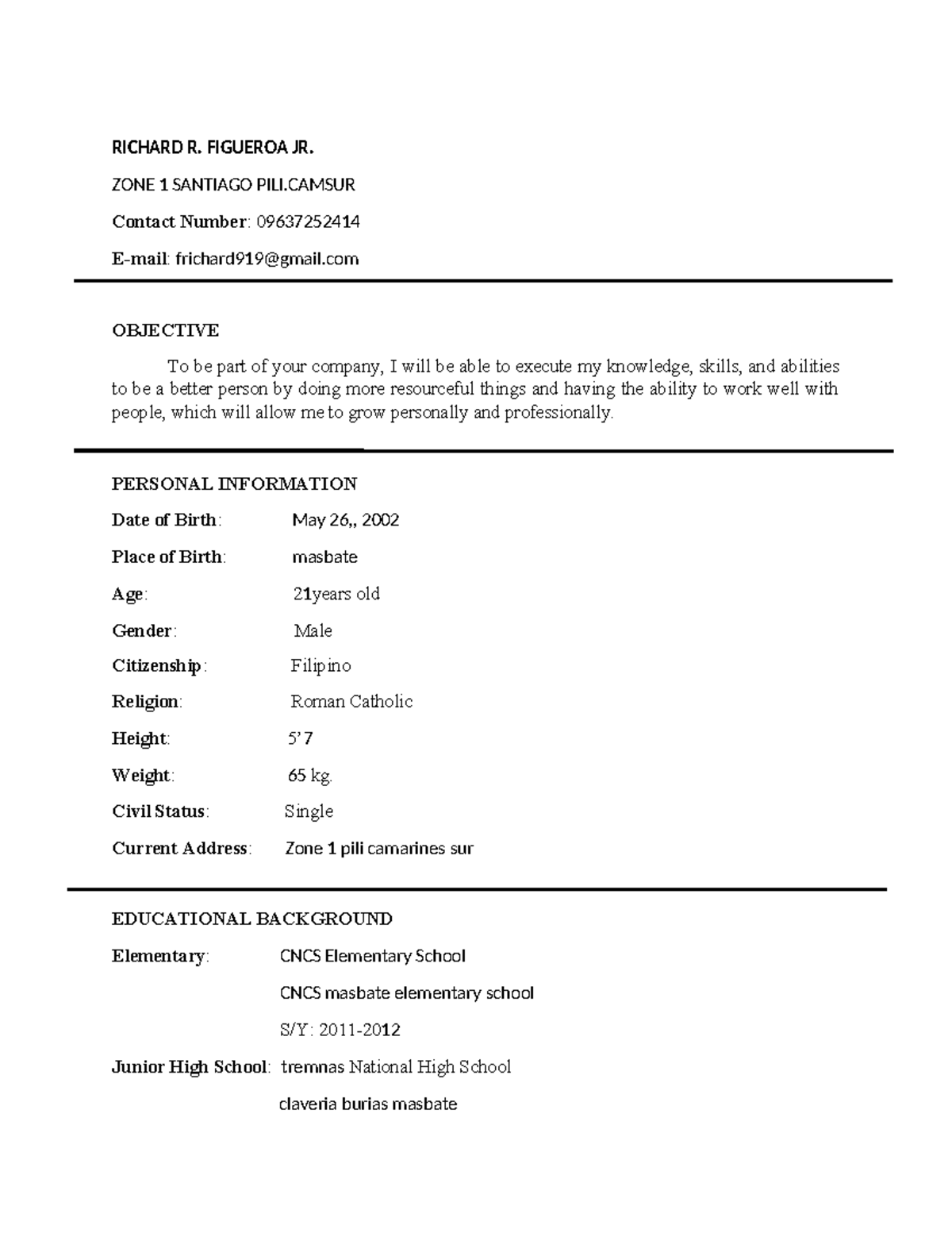 Richard R. Figueroa Jr. Resume - Personal & Professional Details - Studocu