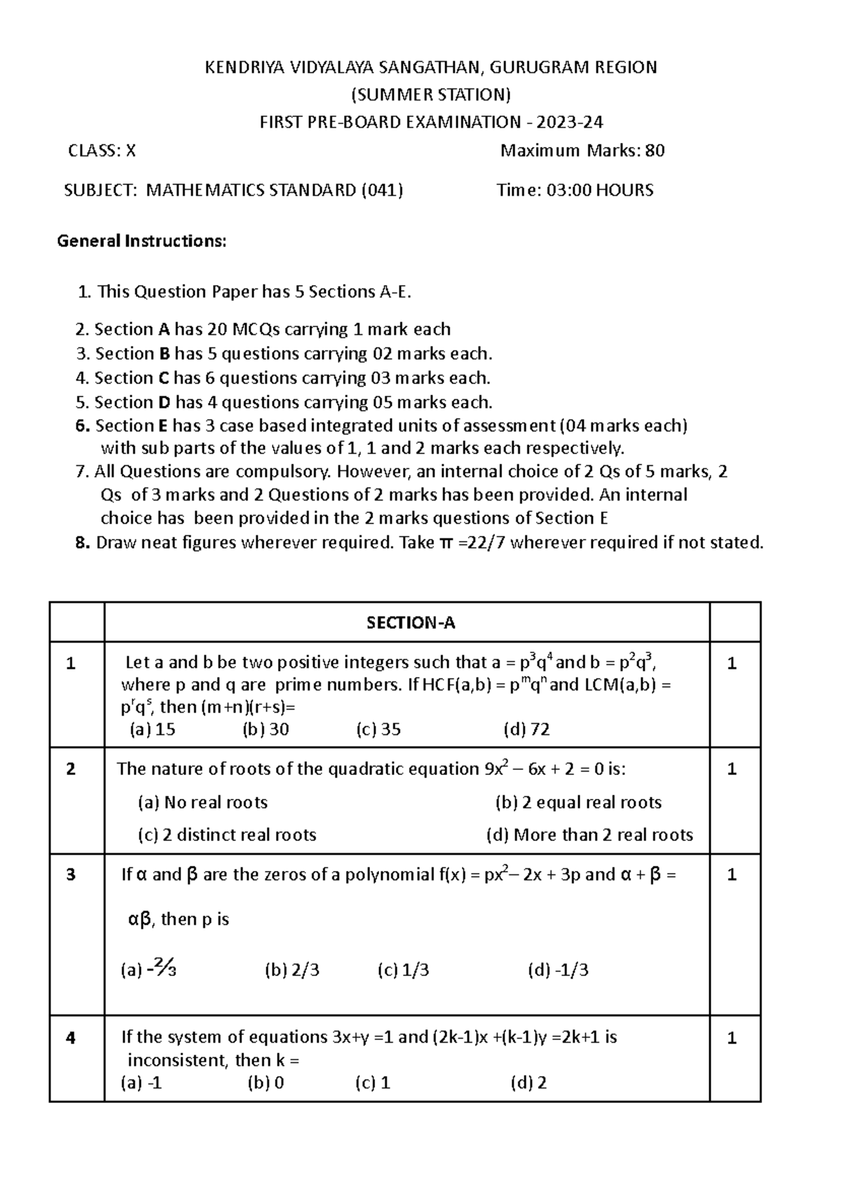 Class X Mathematics Standard (041) First Exam Paper 2023-24 (KVS) - Studocu