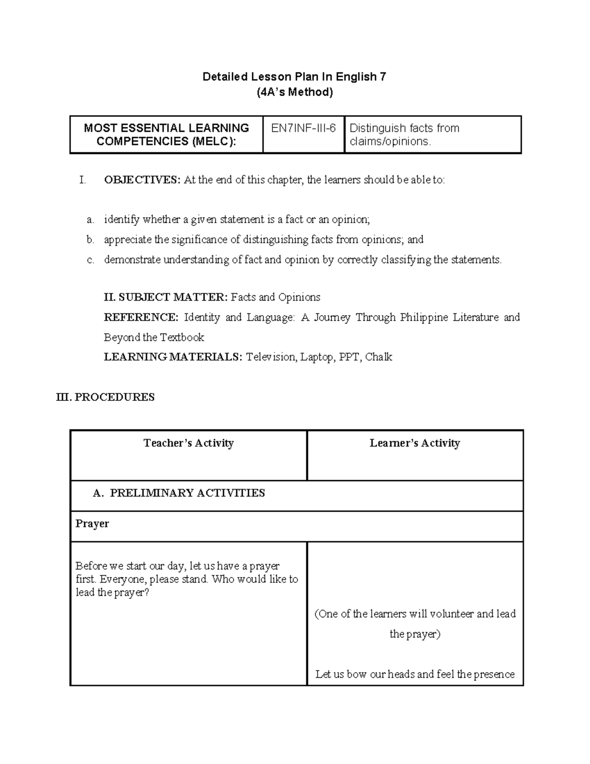 Detailed Lesson Plan: Facts and Opinions in English 7 - Studocu