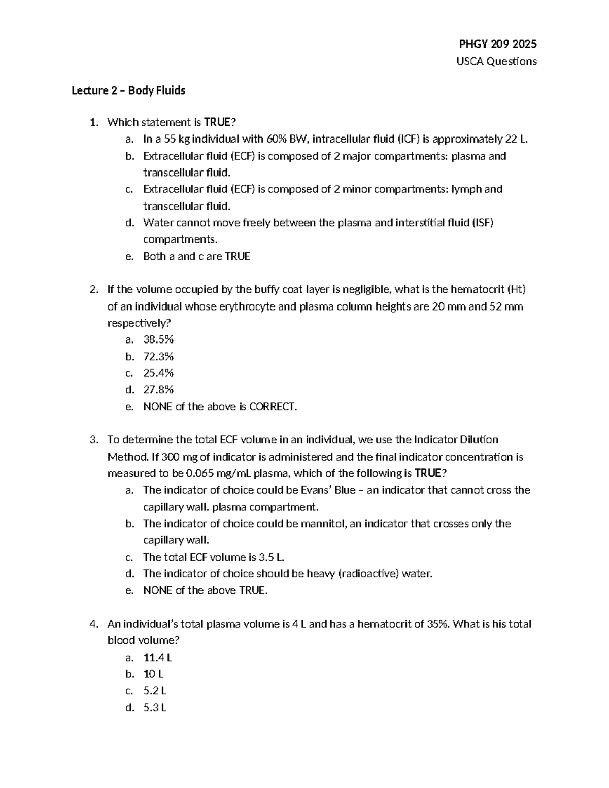 PHGY 209 Body Fluids Lecture 2 Questions and Answers - Studocu