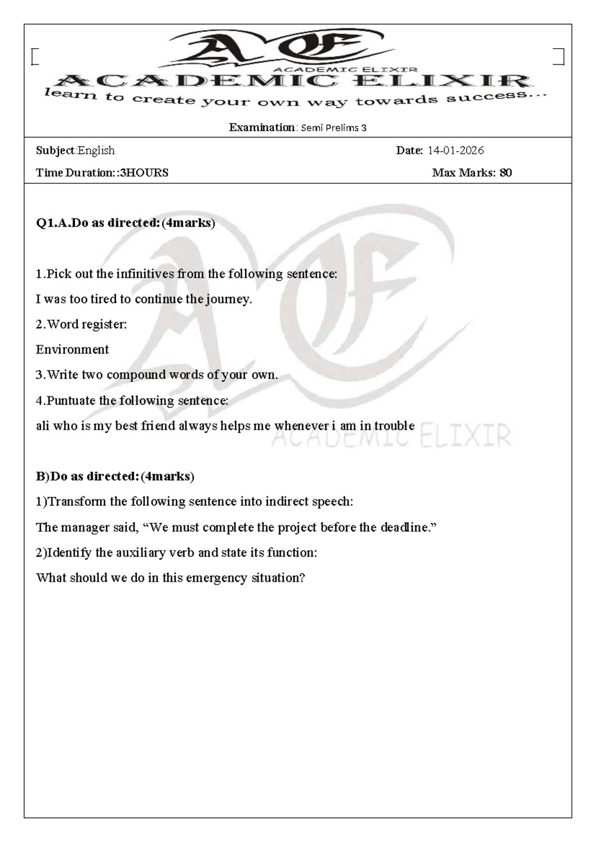 Class 10 English: Semi Prelims 3 Exam Questions and Activities - Studocu