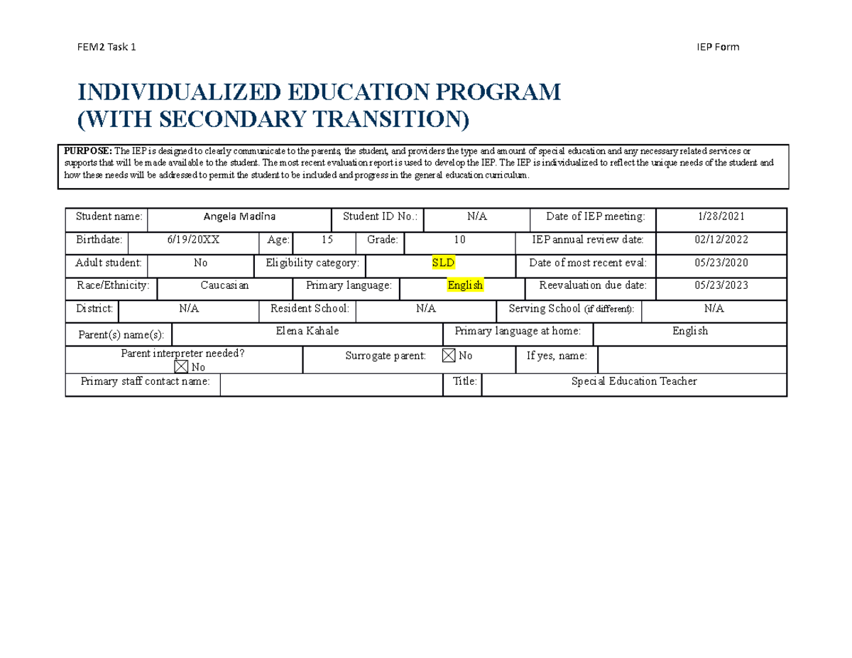 Iep Task 1 Iep Task 1 Individualized Education Program With