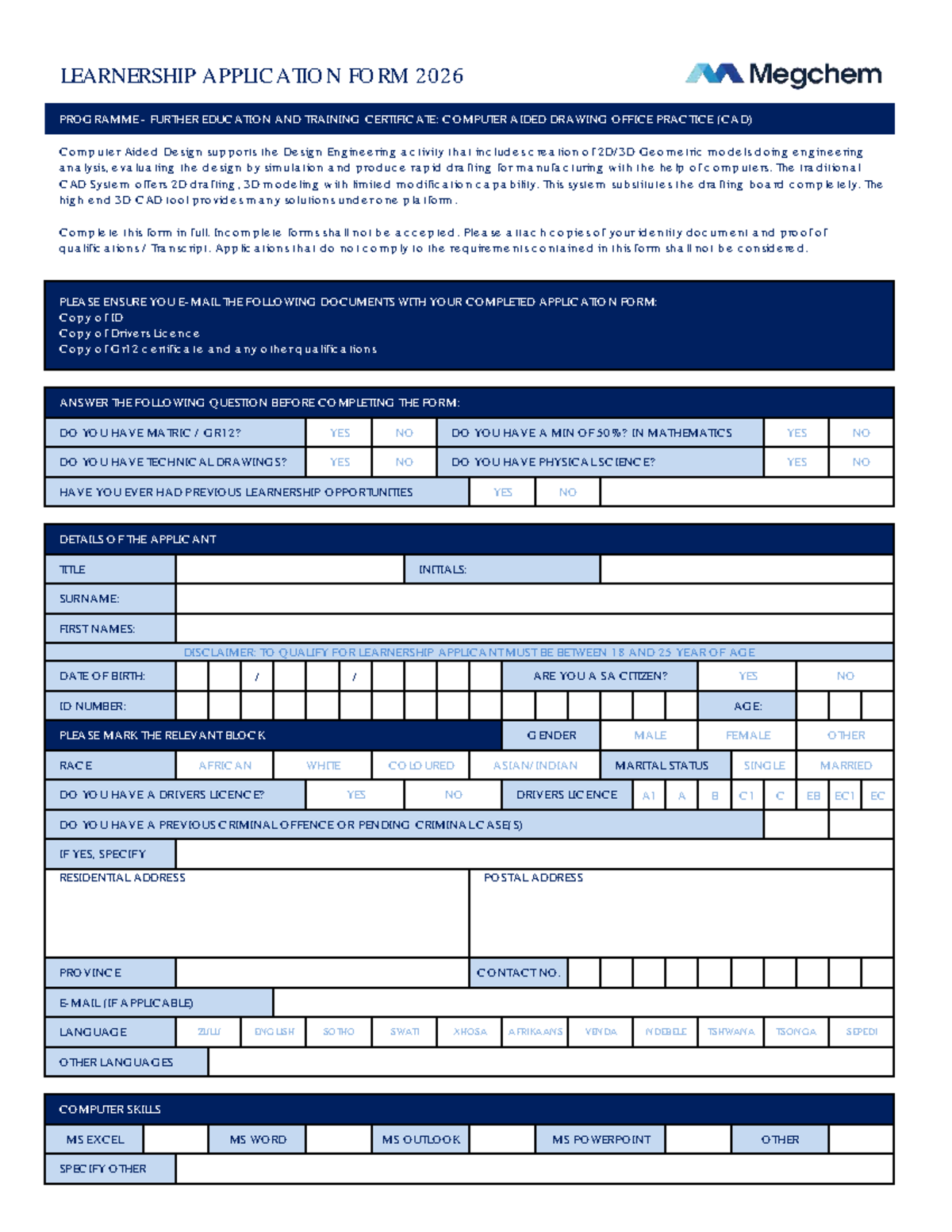 Megchem CAD Office Practice Learnership Application Form 2026 - Studocu