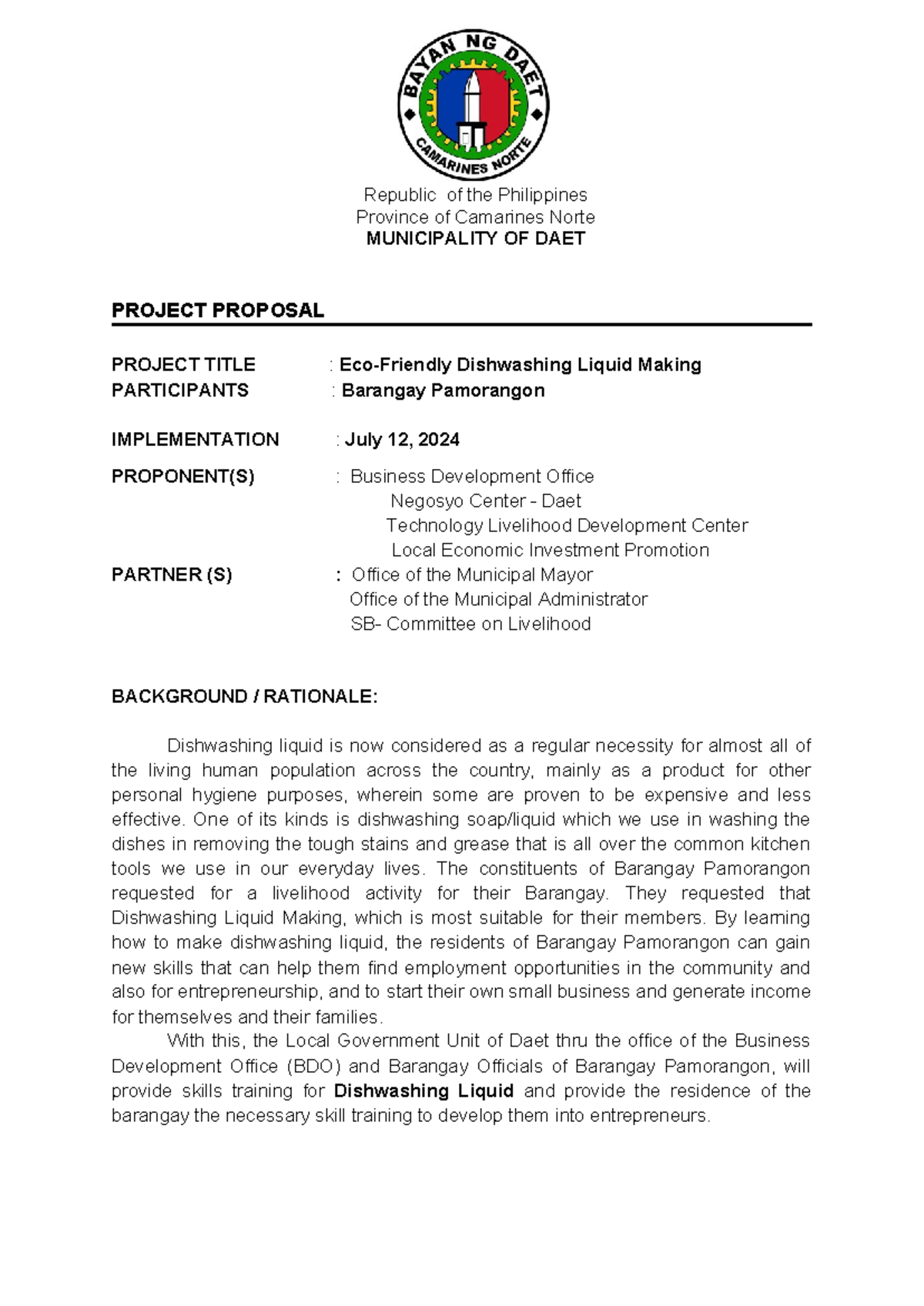 Eco-Friendly Dishwashing Liquid Making Proposal - Barangay Pamorangon ...