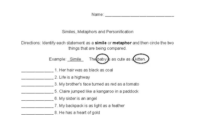 Figurative Language Worksheet: Similes, Metaphors & Personification ...