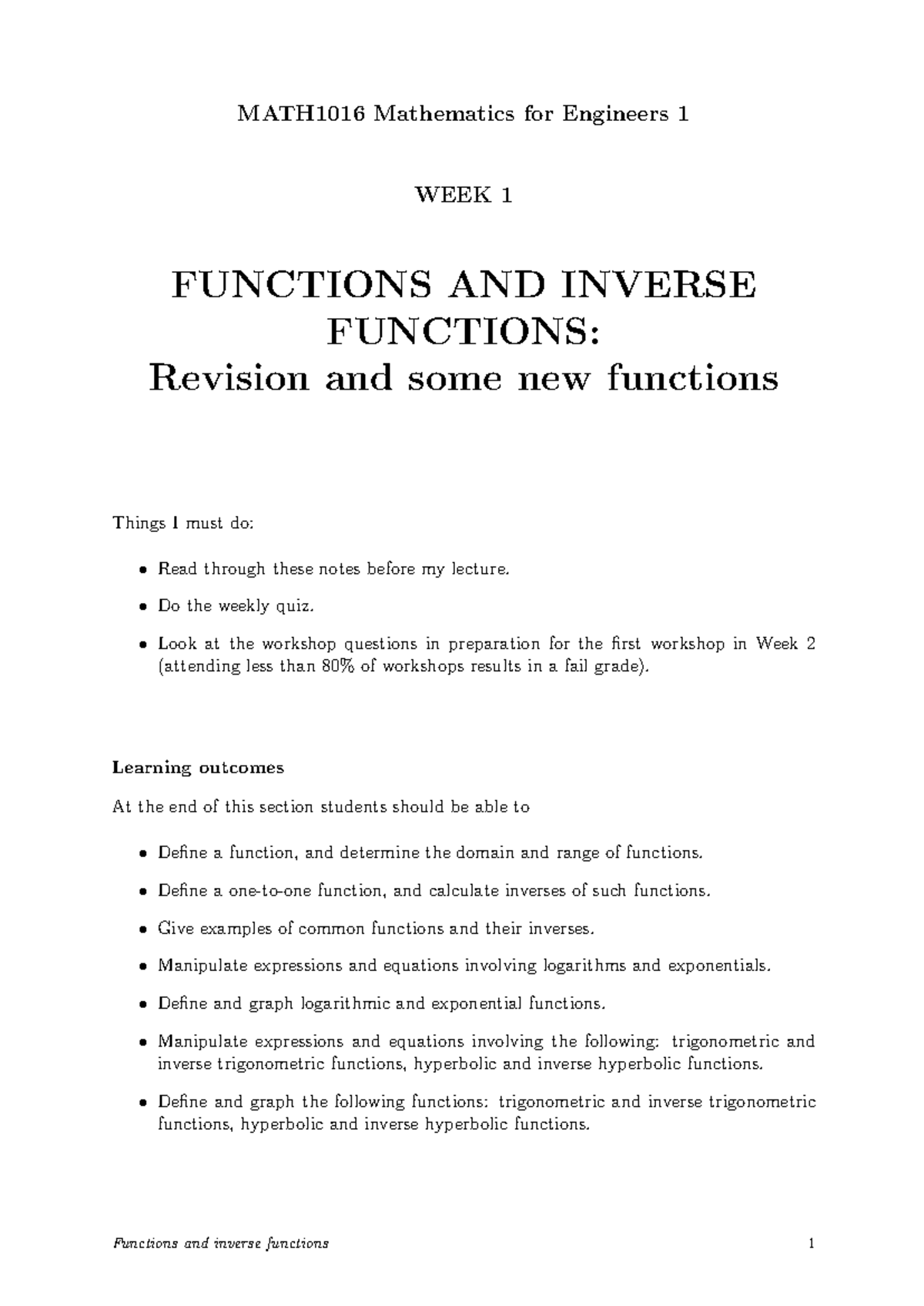 MATH1016 Week 1 Functions & Inverse Functions: Key Concepts & Revision ...