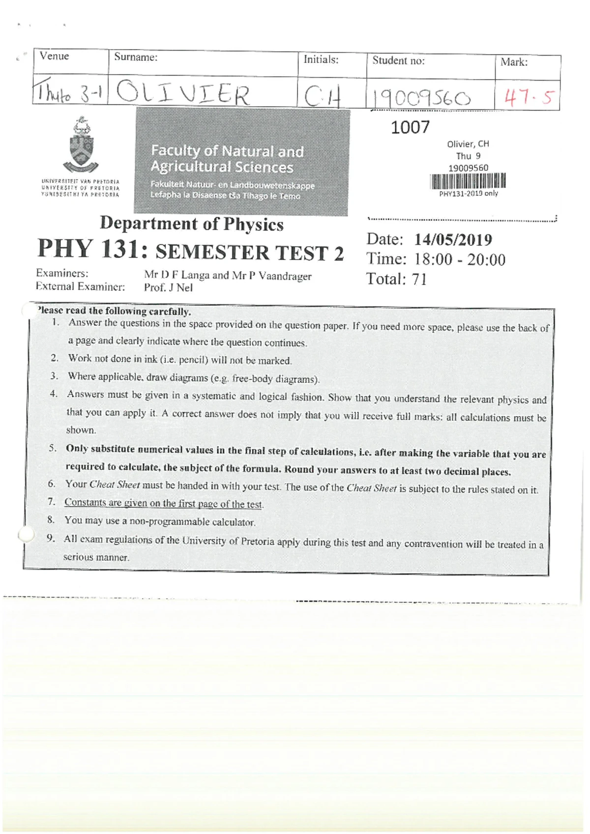 MAT1501 Oct-Nov 2023 - UNIVERSITY EXAMINATIONS UNIVERSITEITSEKSAMENS university of south africa ...