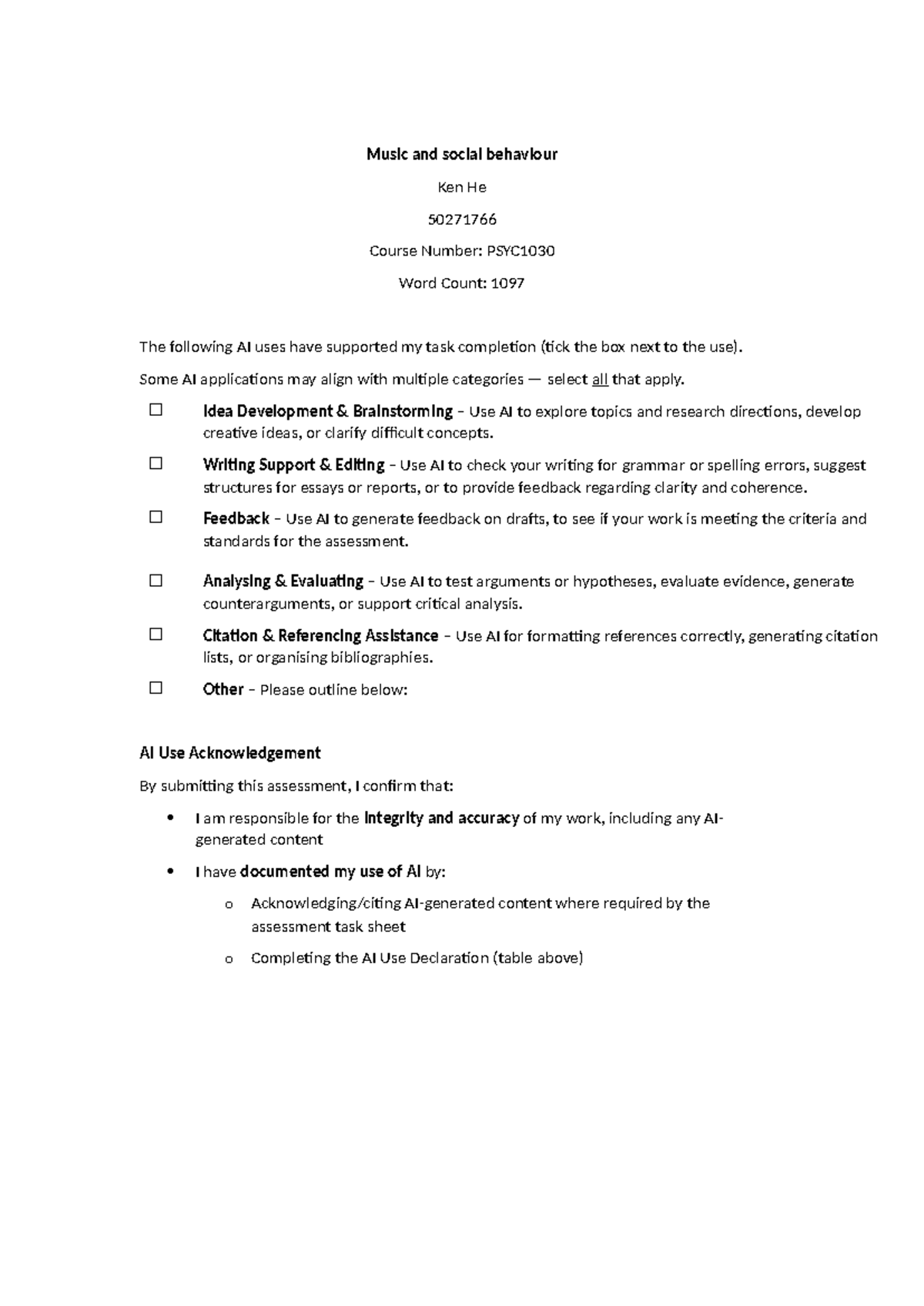 PSYC1030 Music and Social Behaviour: AI Use Reflection Essay - Studocu