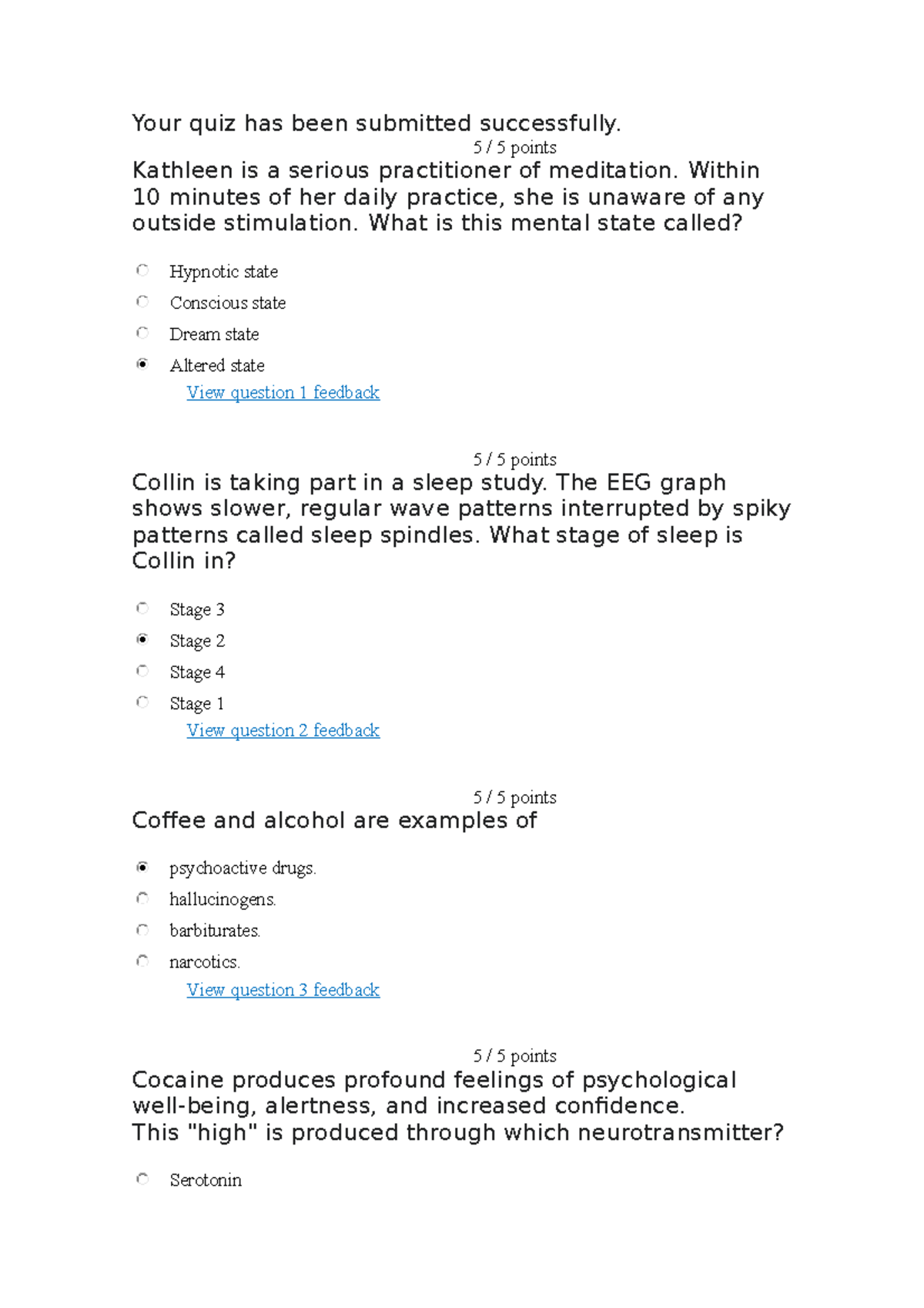 Psychology Quiz on Mental States Sleep Drugs Conditioning and Memory ...