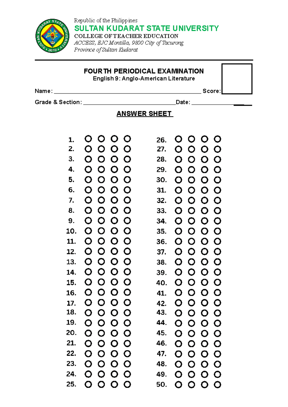 Answer Sheet - BSED English - Republic of the Philippines SULTAN ...