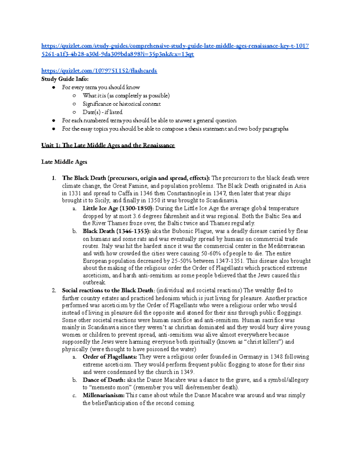 Study Guide: Late Middle Ages & Renaissance Overview (HIST 101) - Studocu