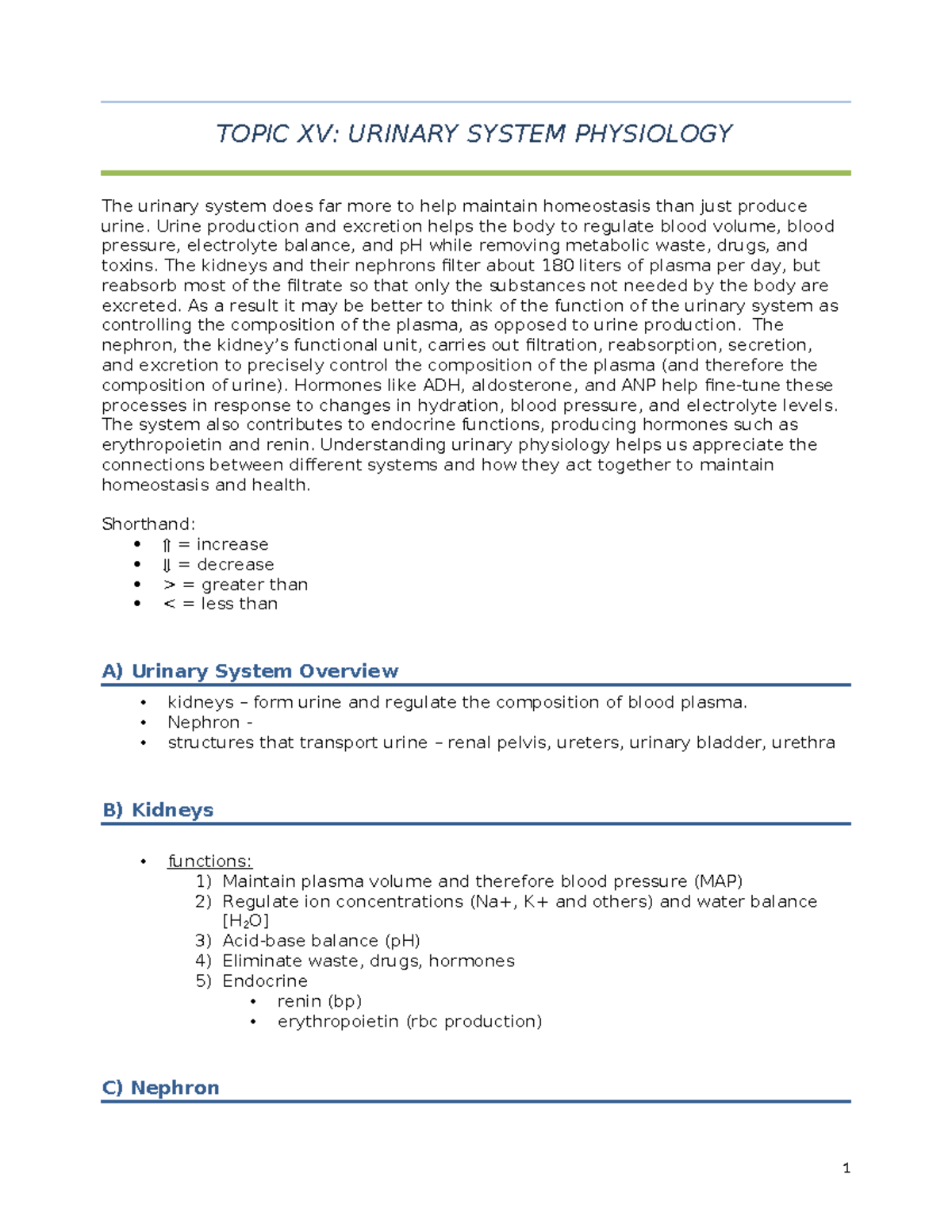 15 - Topic XV - Urinary System Physiology Summary and Functions - Studocu