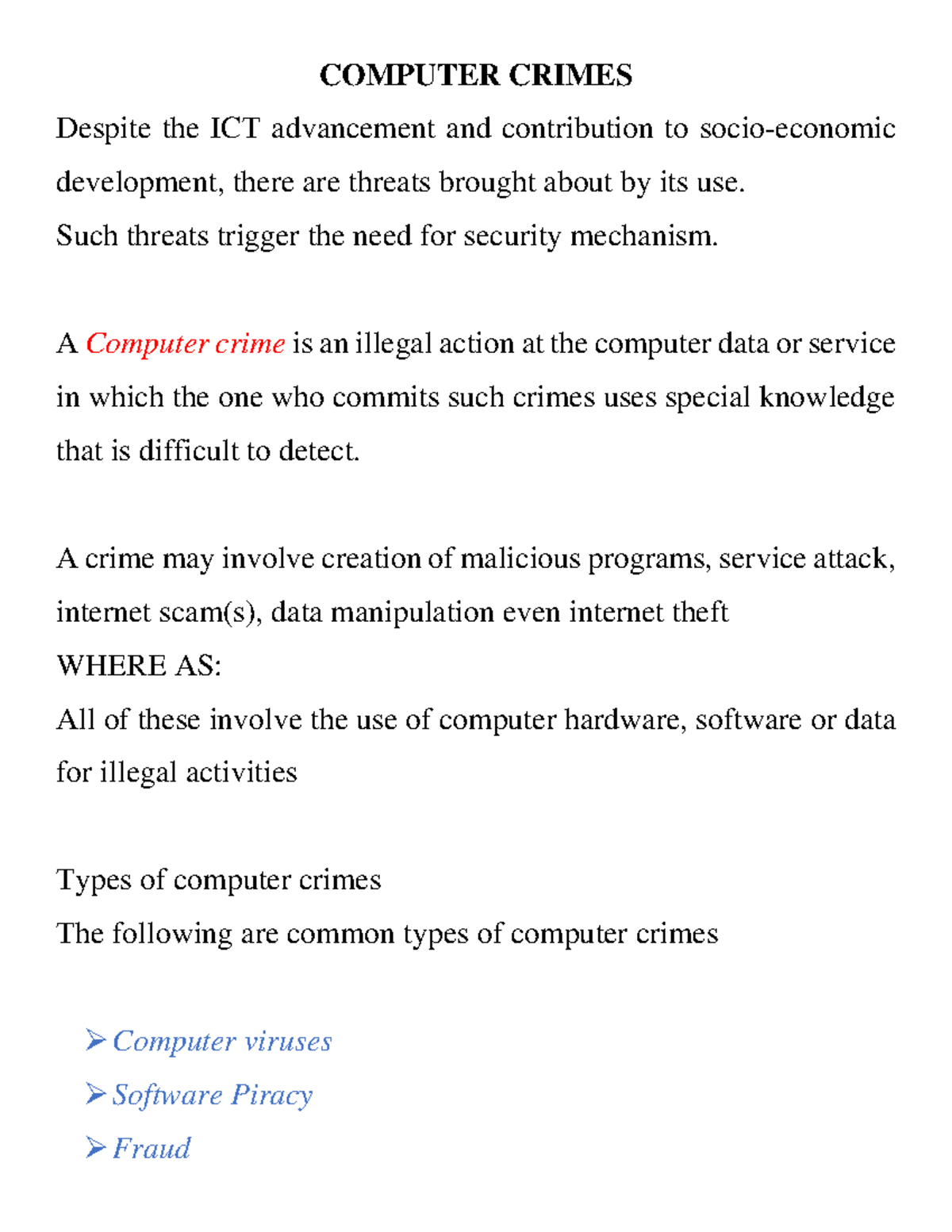 Computer Crimes Overview and Types: Key Insights and Threats - Studocu