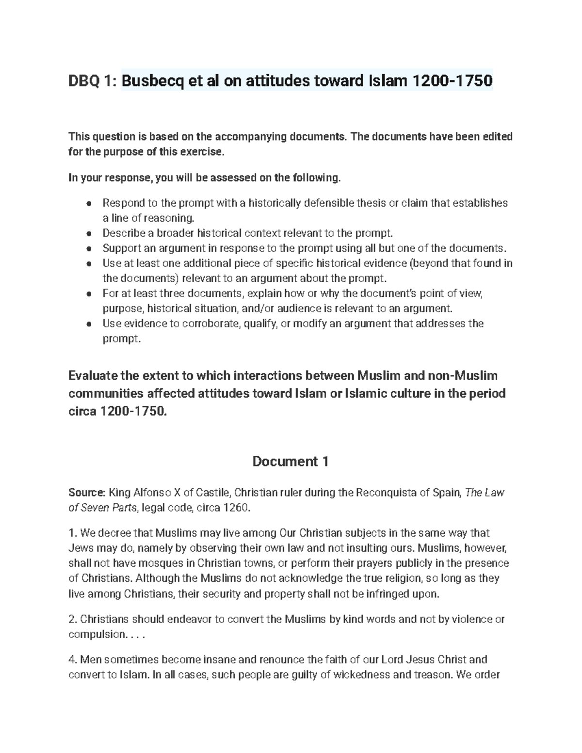 DBQ 1: Analyzing Attitudes Toward Islam (1200-1750) - Studocu