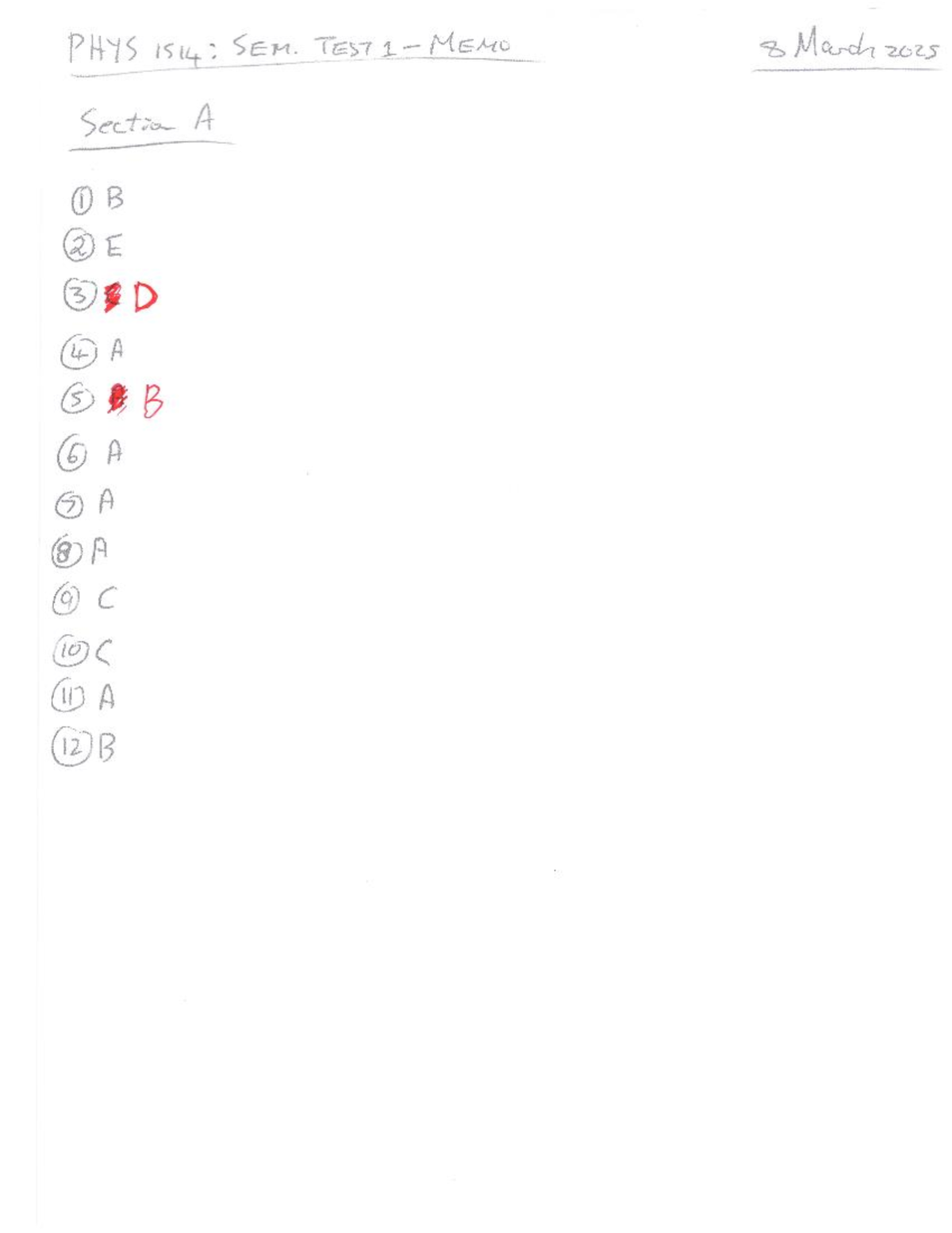 PHYS 1514: SEM. TEST MEMO - March 8, 2025, Section A & B - Studocu