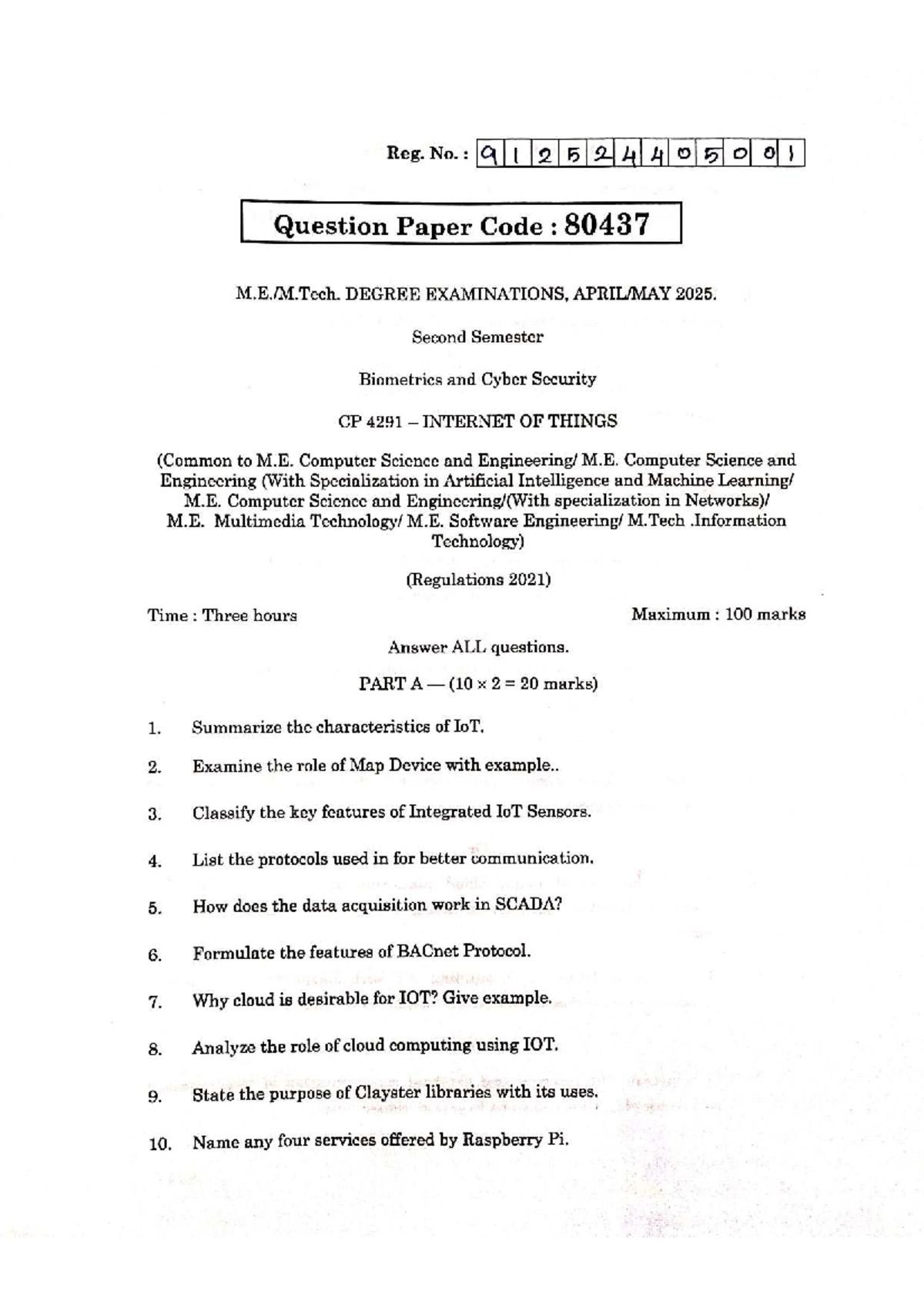 CP4291 - Internet of Things Final Exam Question Paper 2025 - Studocu