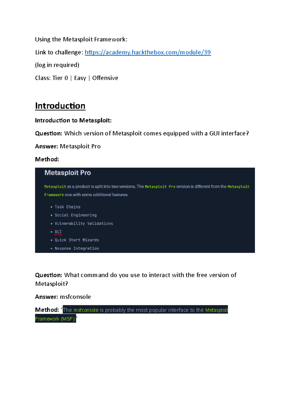 Using the Metasploit Framework - hackthebox/module/ (log in required) Class: Tier 0 | Easy ...