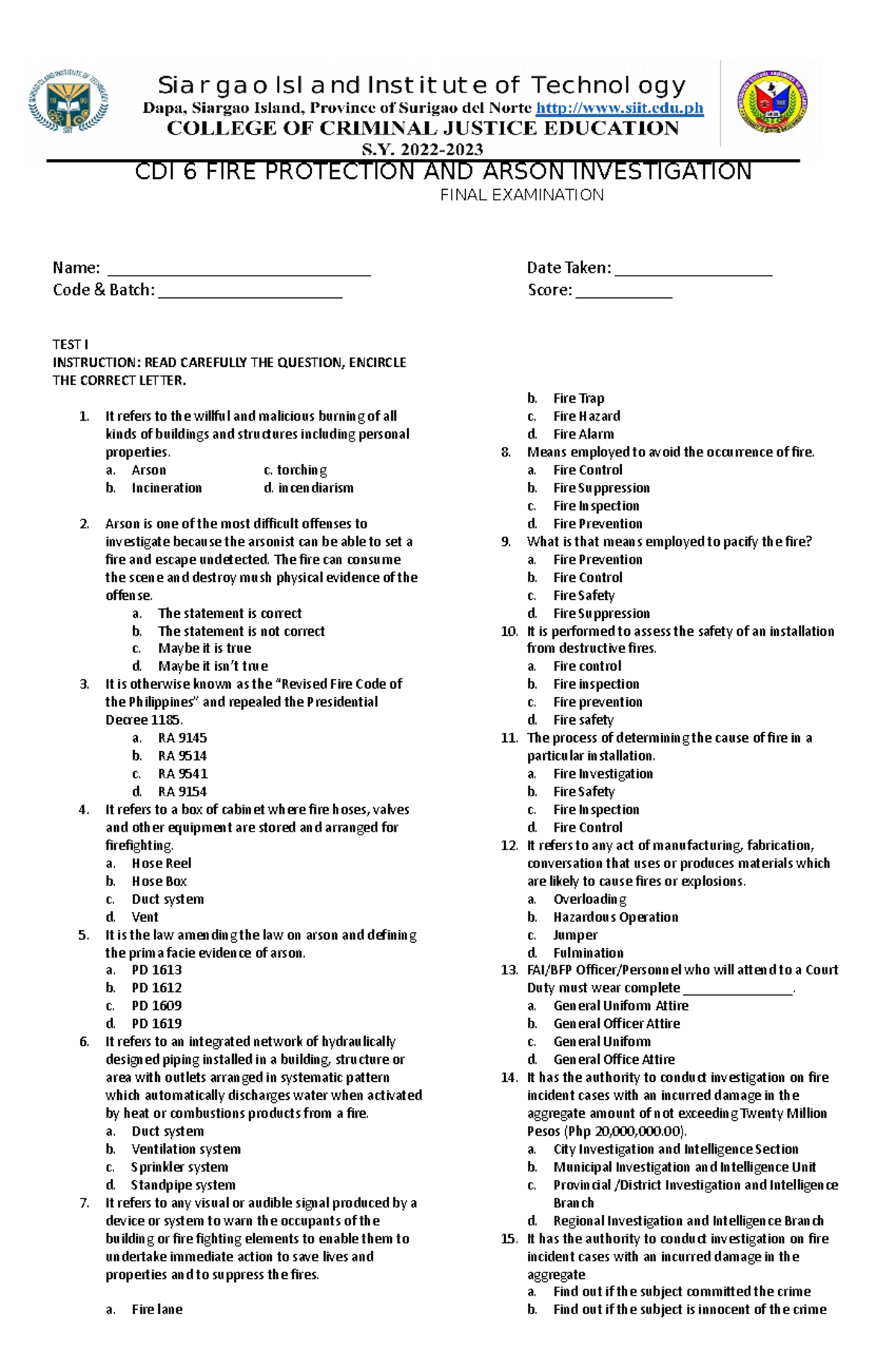 CDI 6 FIRE Protection Final Exam Review and Sample Questions - Studocu