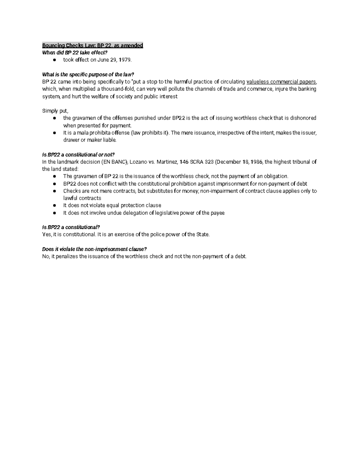 BP 22 Bouncing Checks Law: Key Notes and Constitutional Insights - Studocu