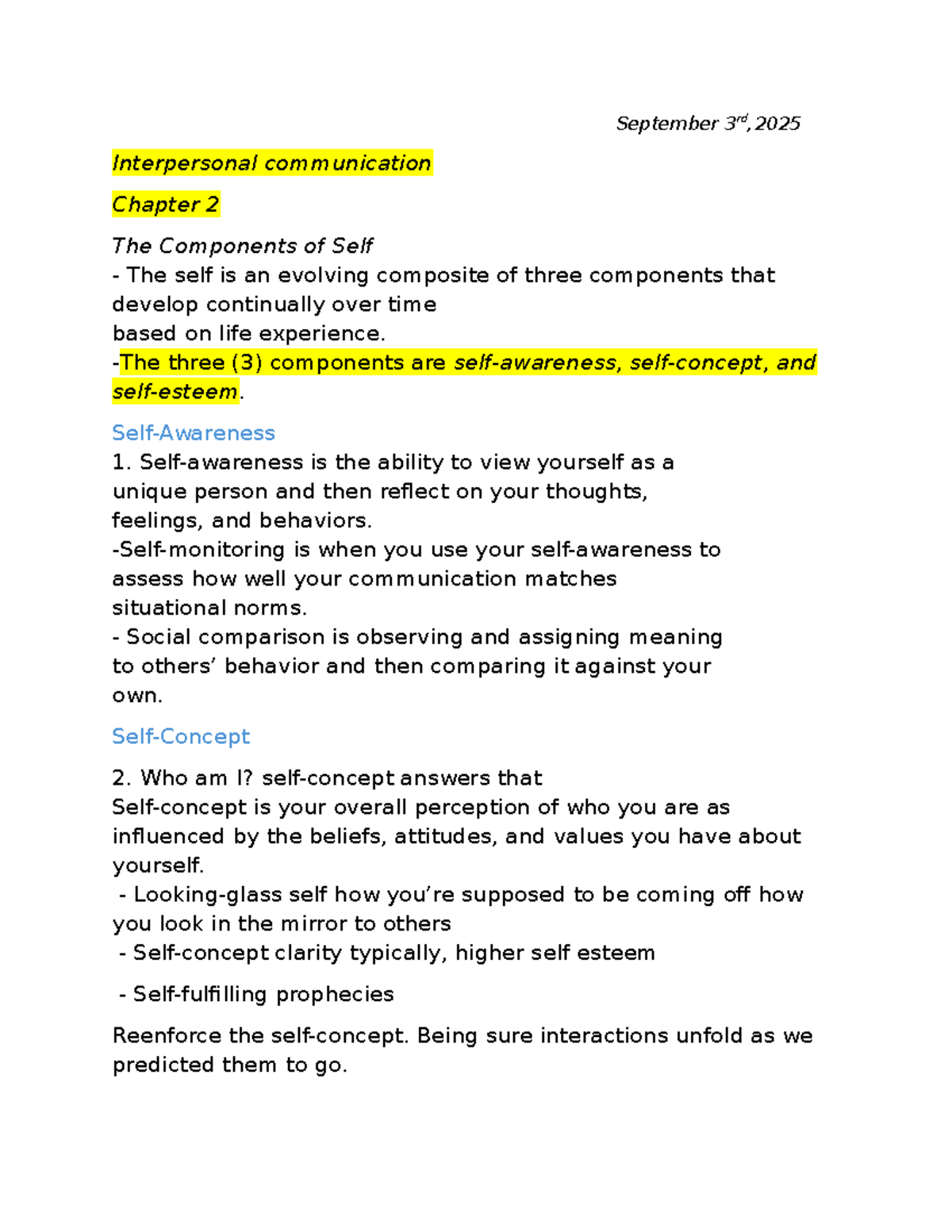Interpersonal Communication (IC 101) Chapter 2: The Components of Self - Studocu
