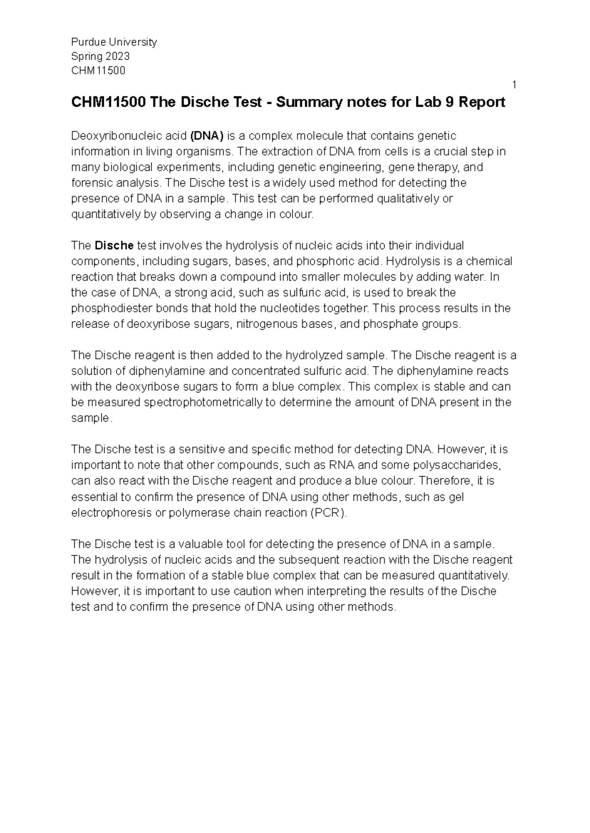 CHM11500 Lab 9 Summary Notes: The Dische Test for DNA Detection - Studocu