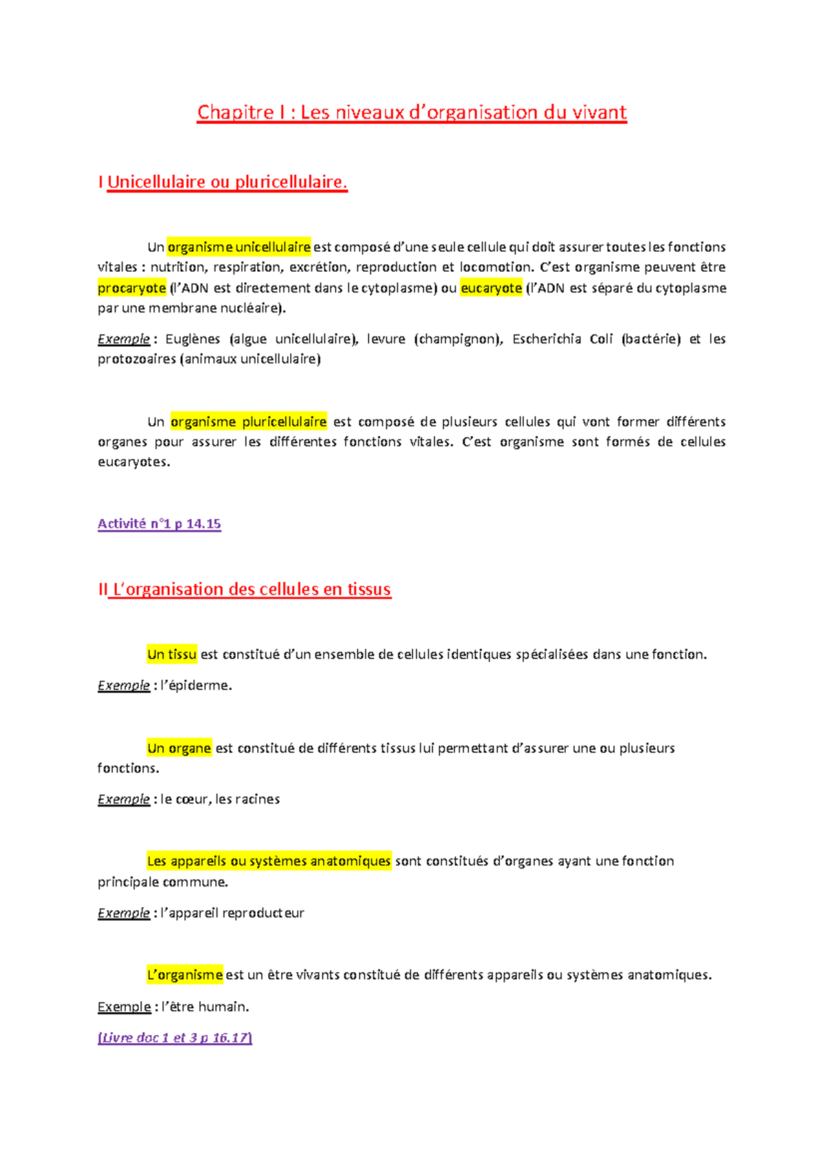 Chapitre I : Les Niveaux d'Organisation du Vivant - Unicellulaire vs ...