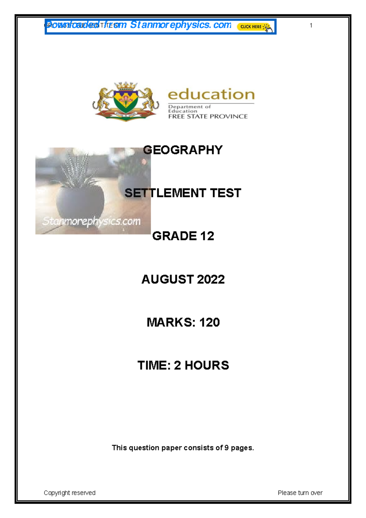 Geography Grade 12 Settlement August 2022 Test & Memo - Studocu