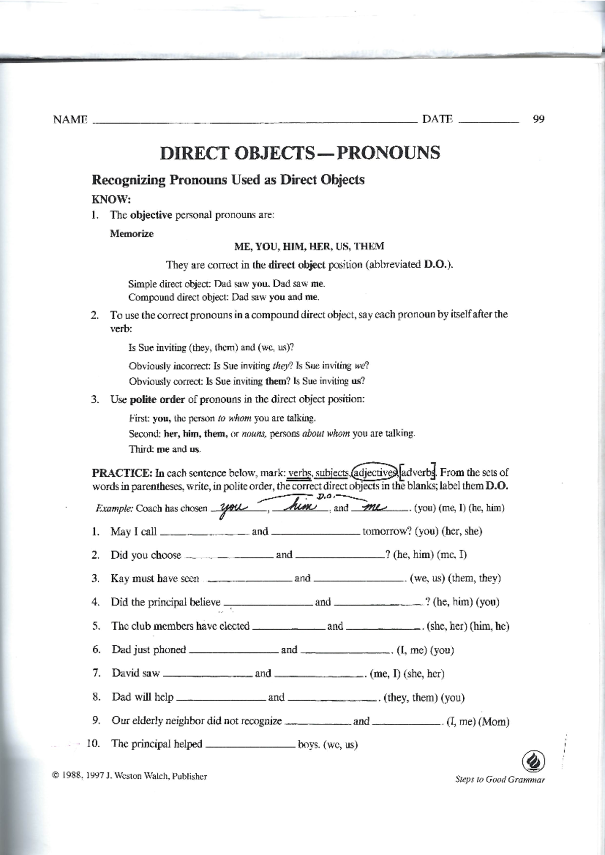 6th Pronouns as Objects & Prepositions Steps to GG - NAME DATE 99 ...