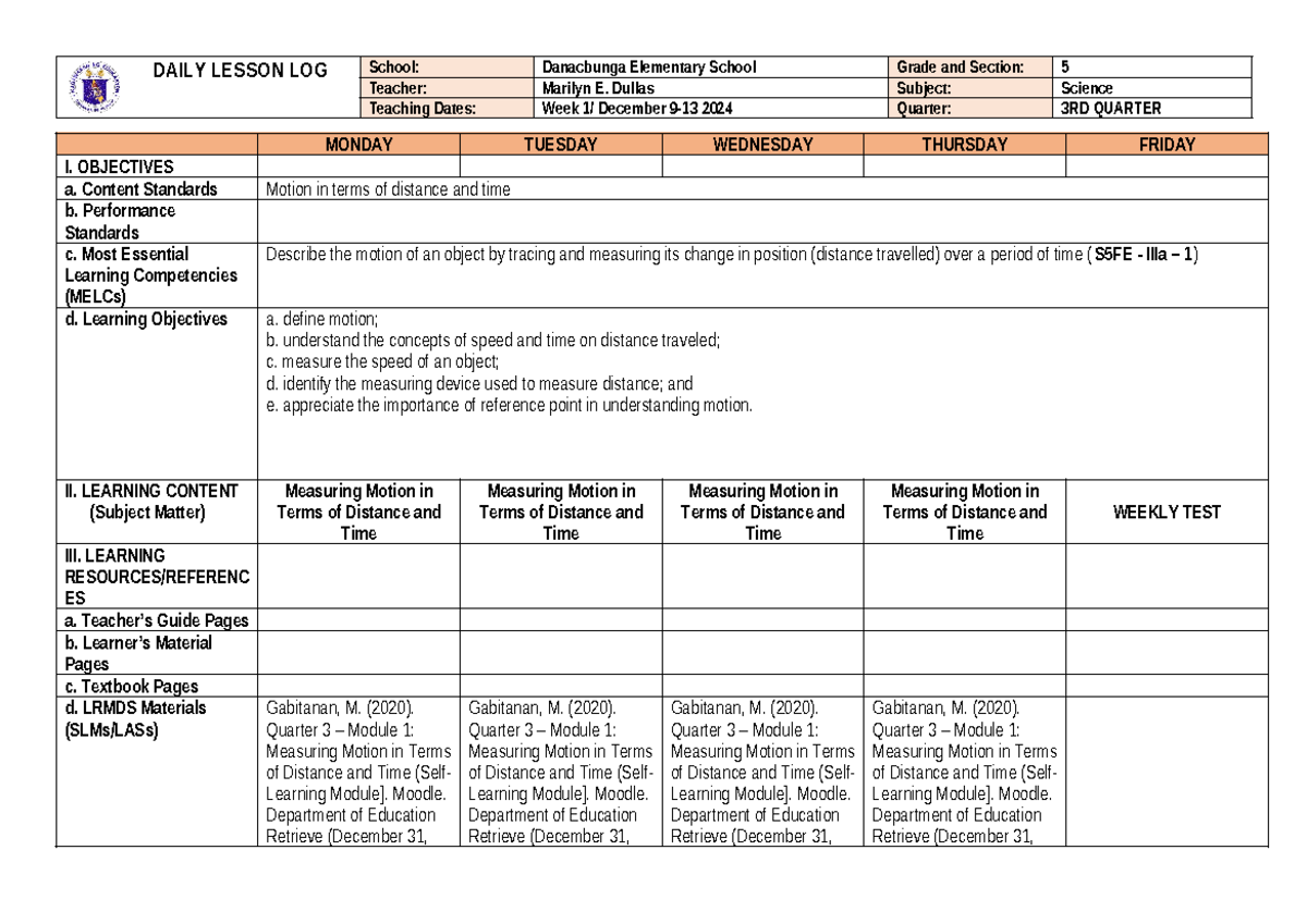 DLL G5 SCI Q3 W1 - DAILY LESSON LOG - DAILY LESSON LOG School ...