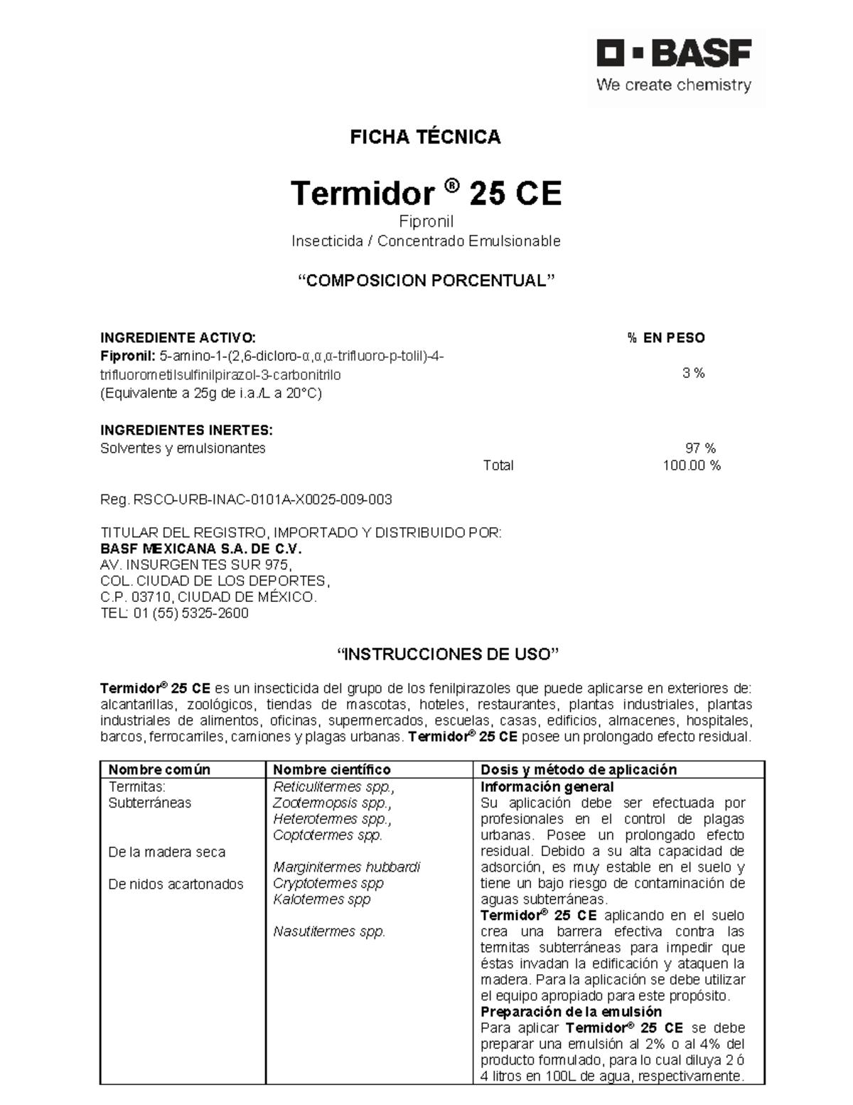 MX - Ficha Técnica: Insecticida Termidor® 25 CE y Uso Apropiado - Studocu