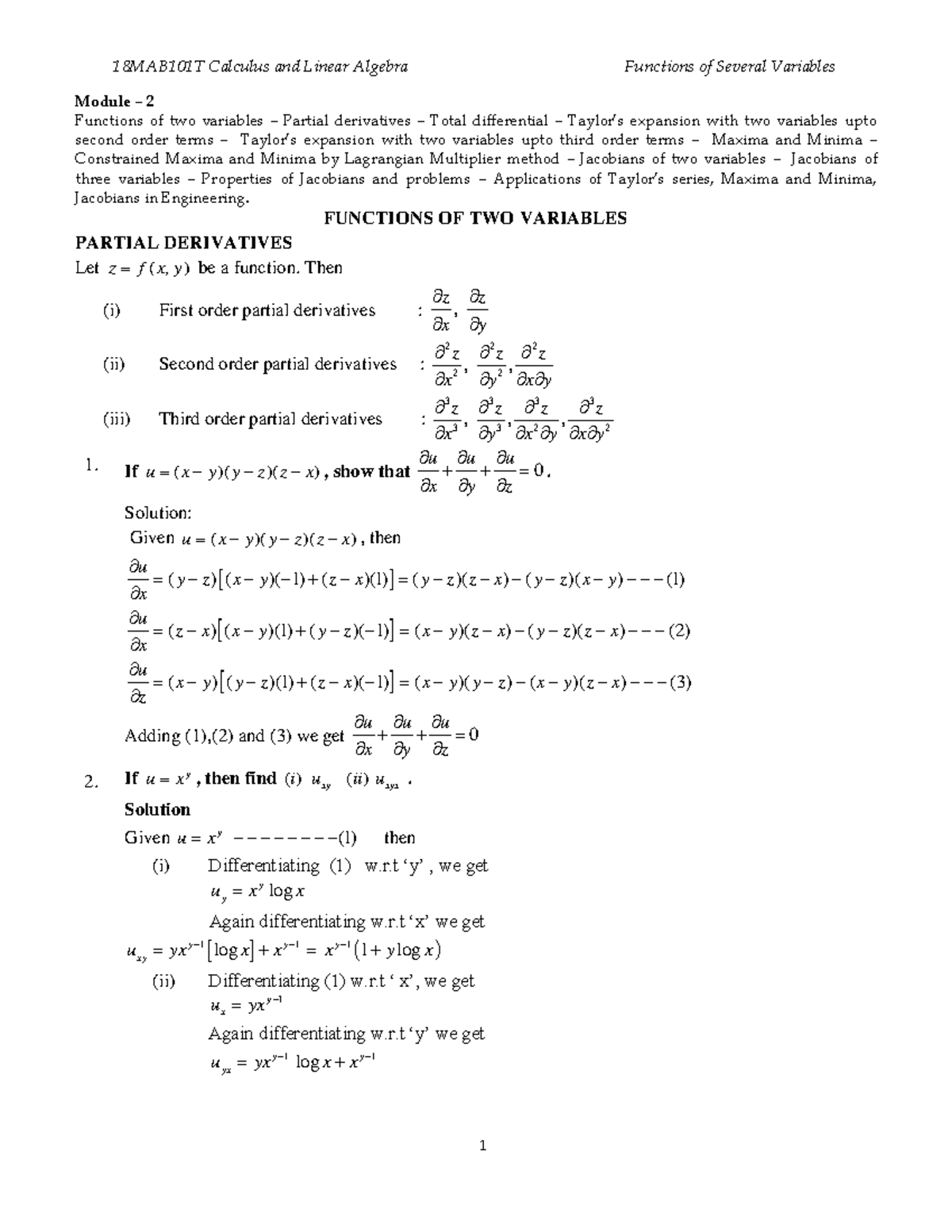 18MAB101T Calculus and Linear Algebra: Functions of Several Variables - Unit 2 - Studocu