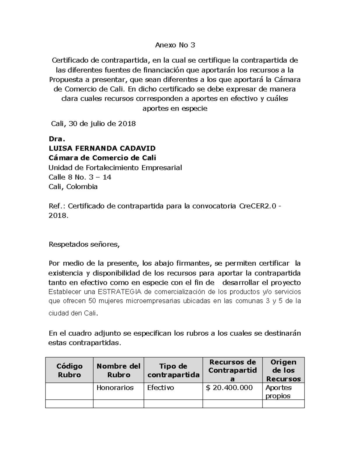Anexo 3: Certificado de Contrapartida para CreCER2.0 2018 - Studocu