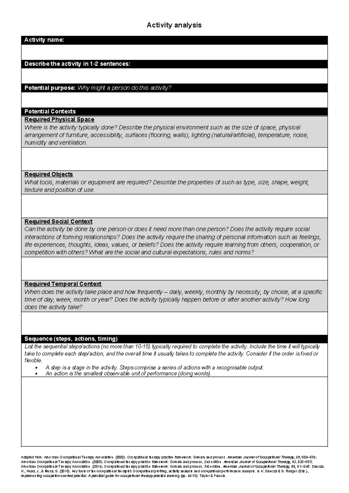 Activity Analysis Template for Occupational Therapy (OT 101) - Studocu
