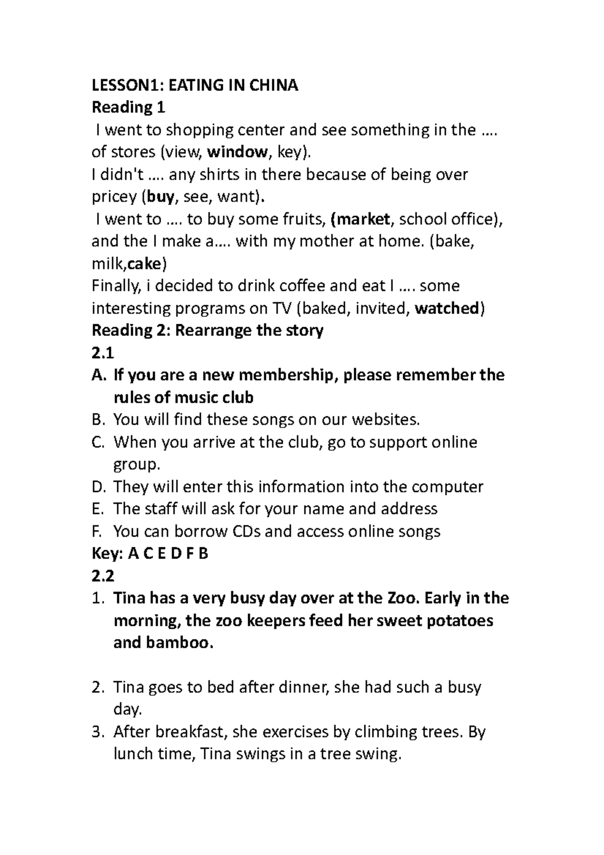 Reading Practice 3-4 KEY: Lesson on Eating in China - Studocu