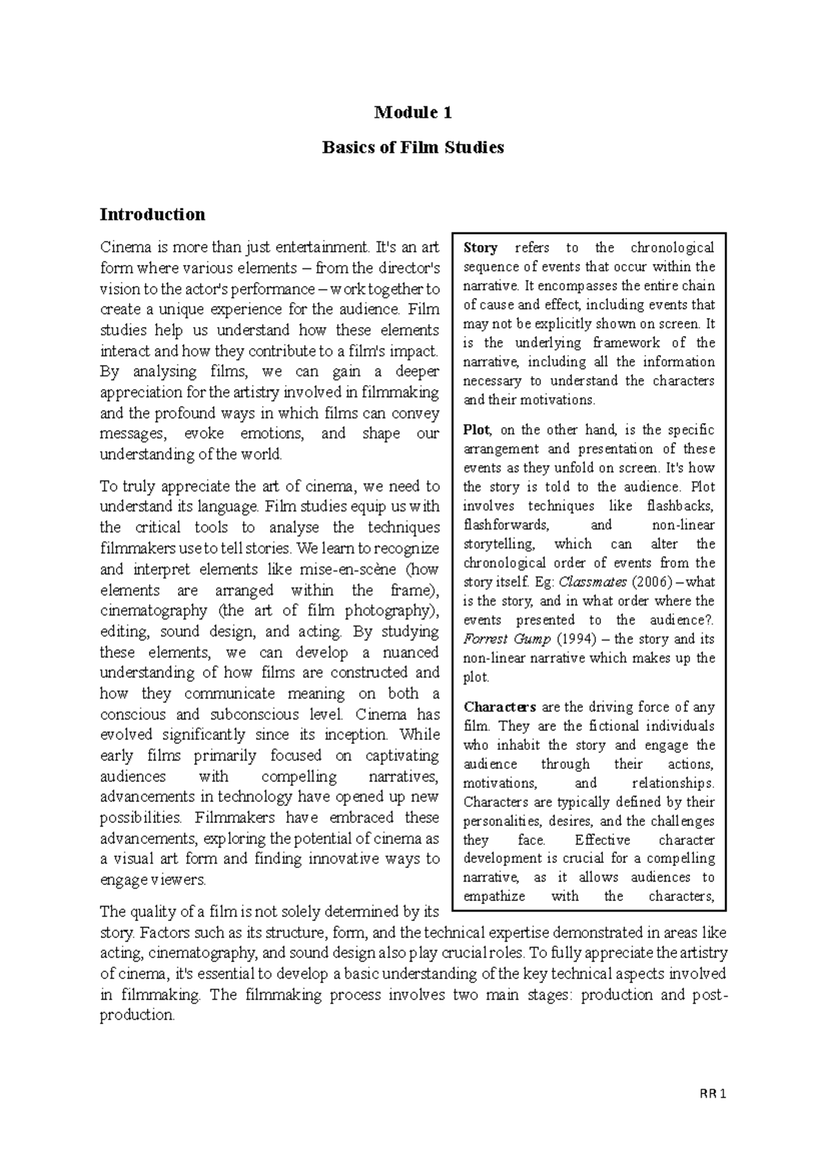S6 FS Film Studies Detailed Notes: Module 1 - Basics of Cinema - Studocu