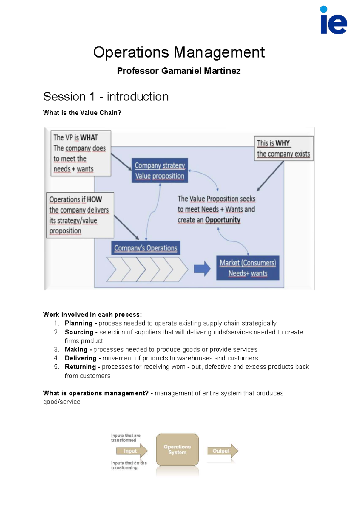 Operations Management (OM 101): Value Chain & Process Analysis Overview ...