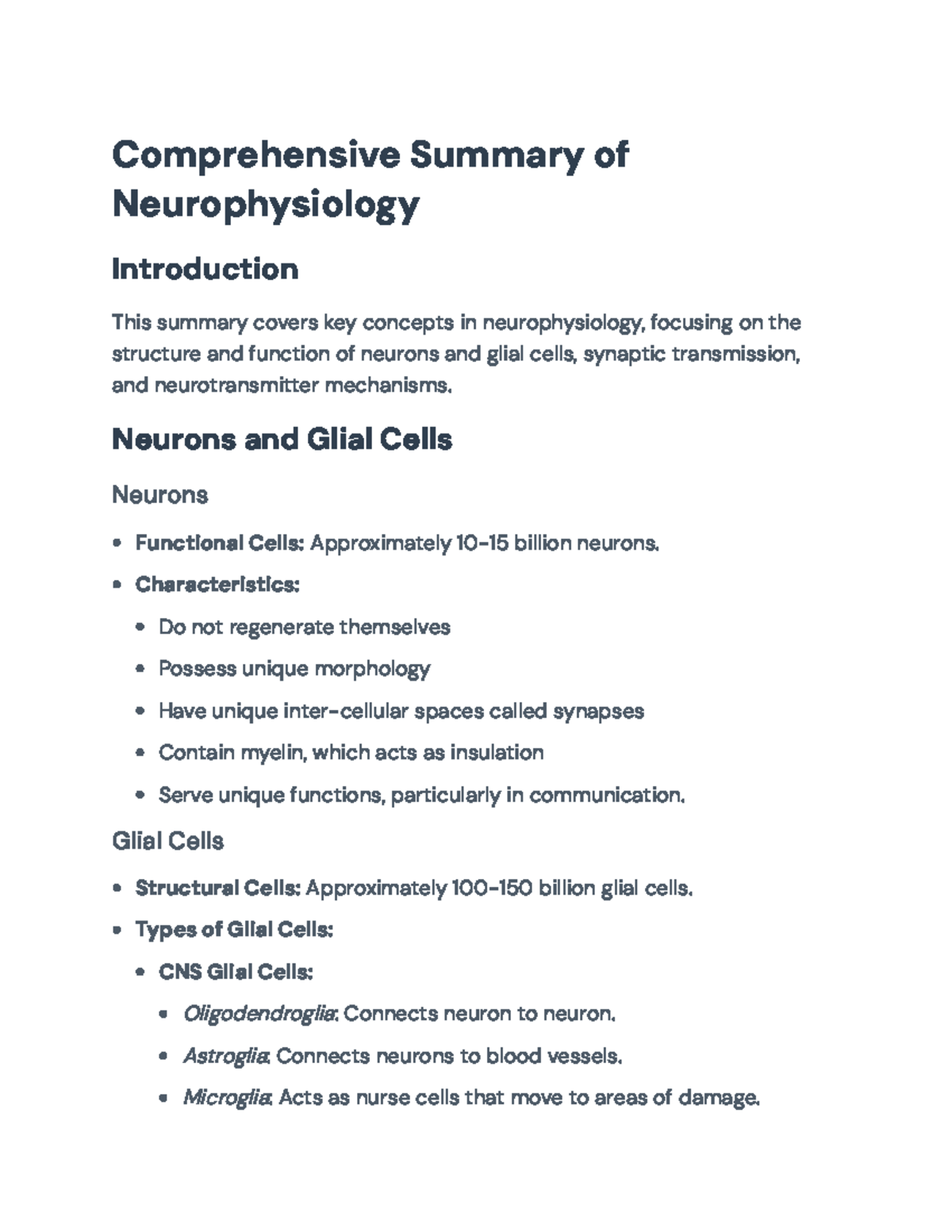 Comprehensive Overview of Neurophysiology: Neurons and Synaptic ...