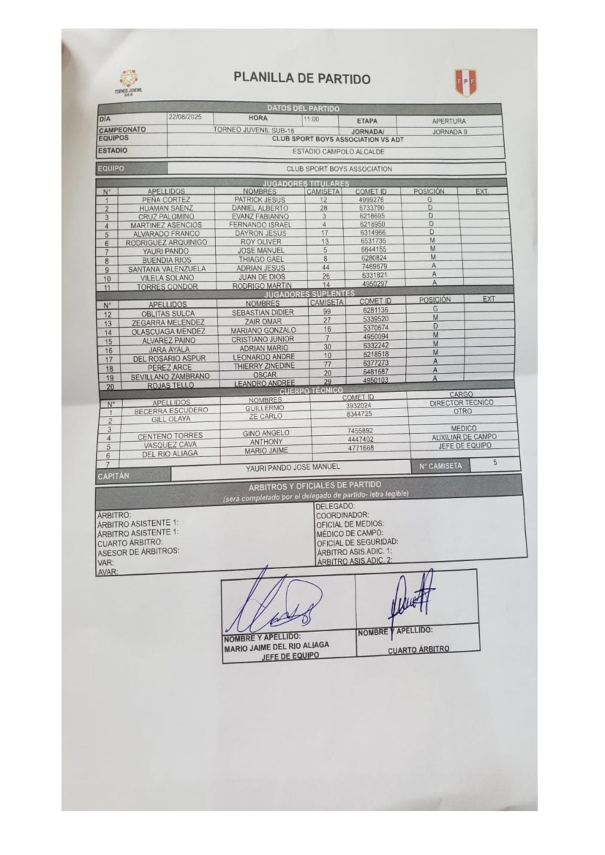 Informe Arbitral Cuarto Árbitro - FPF Torneo Juvenil Sub-18, Jornada 9 ...