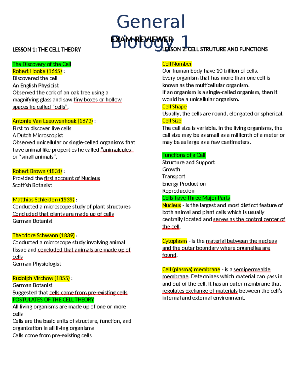 1st Quarter Exam Reviewer: General Biology 1 - Cell Theory & Structure ...