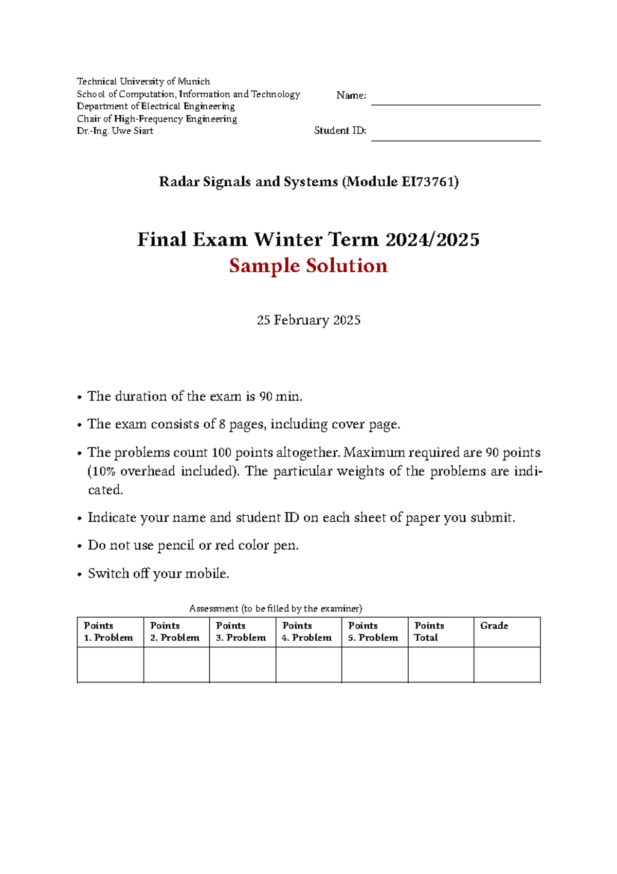 Radar Signals and Systems (EI73761) Final Exam Sample Solution WS2024 ...