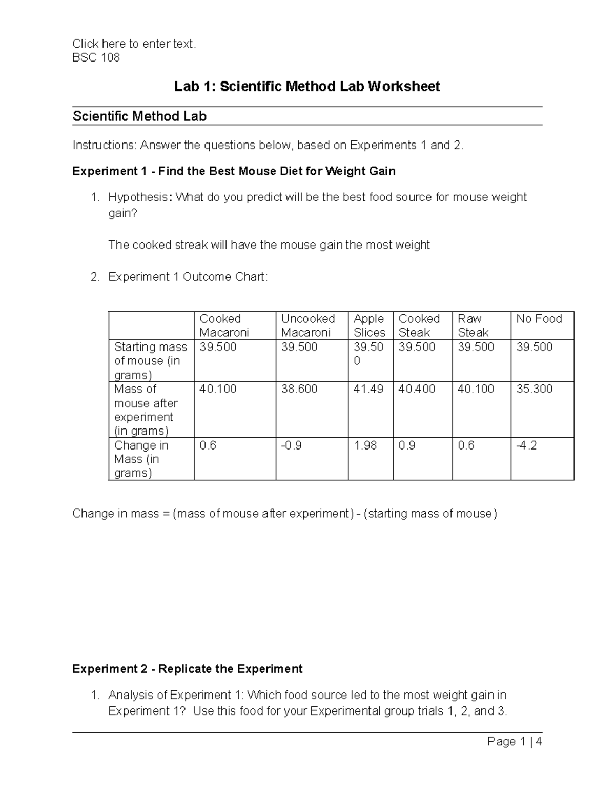 BSC 108 Lab 1: Scientific Method Worksheet for Mouse Diet Experiments ...