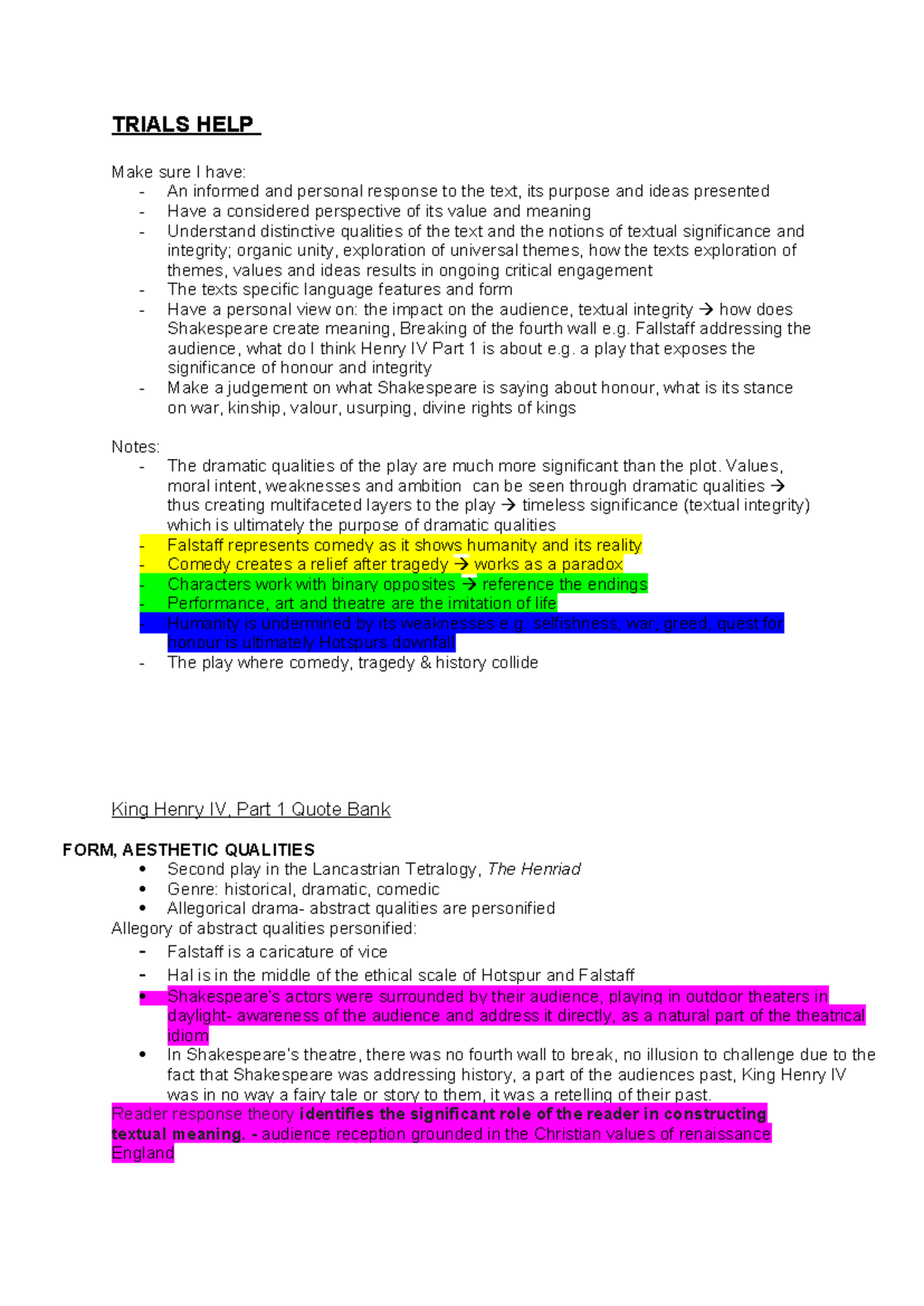 King Henry IV, Part 1 - Comprehensive Study Notes - Studocu