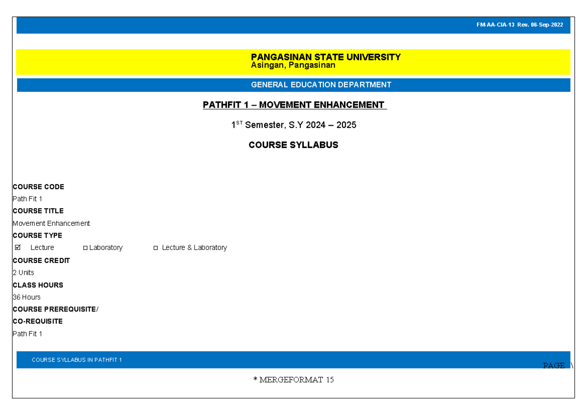 PATHFIT 1 Syllabus - Movement Enhancement, 1st Sem 2024-2025 - Studocu
