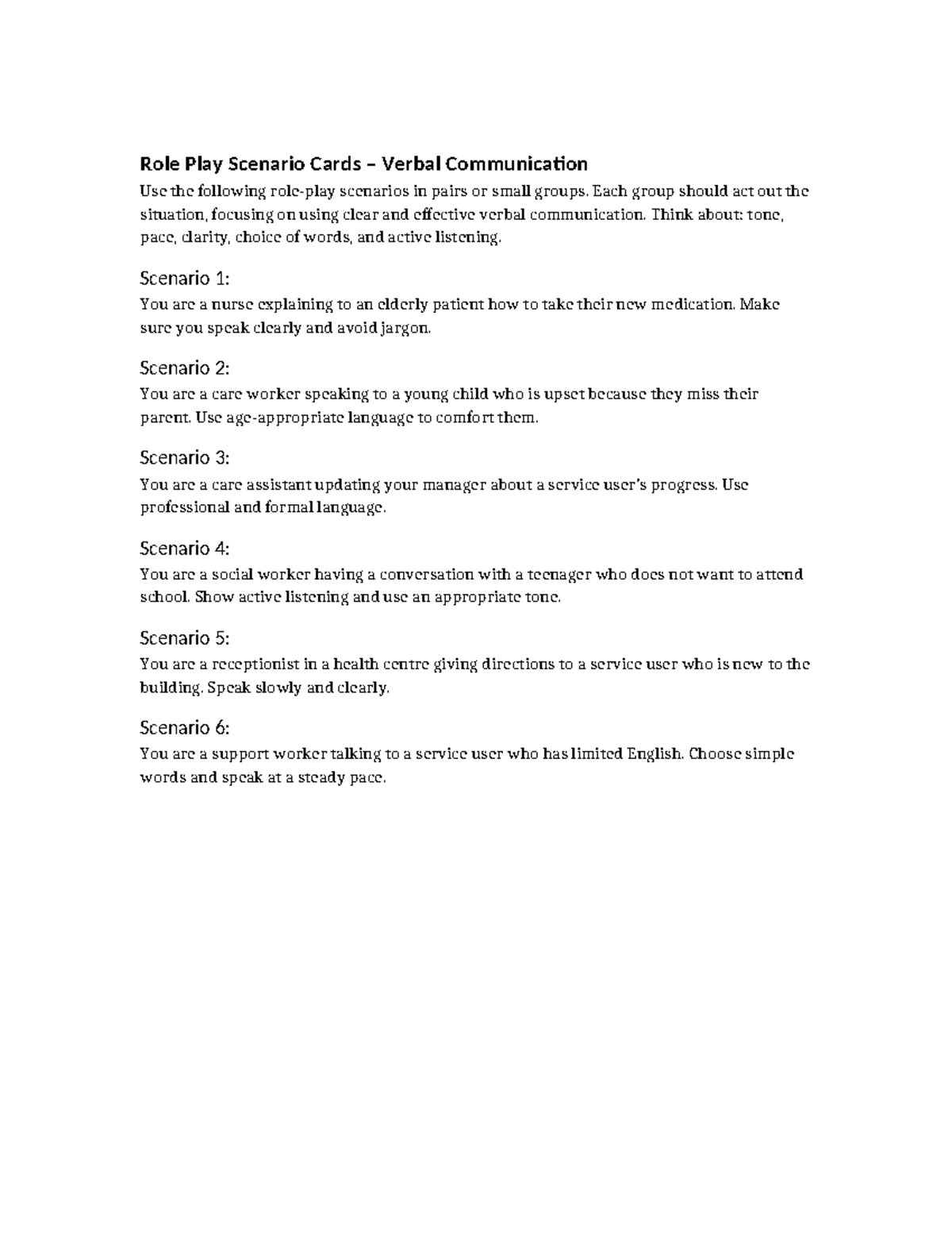 Role Play Scenario Cards: Verbal Communication Techniques - Studocu