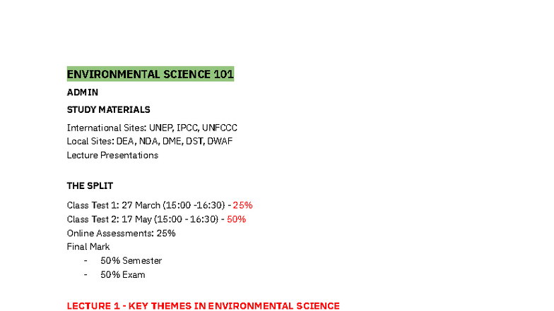 ENVIRONMENTAL SCIENCE 101 (ENV 101) LECTURE NOTES & STUDY MATERIALS ...