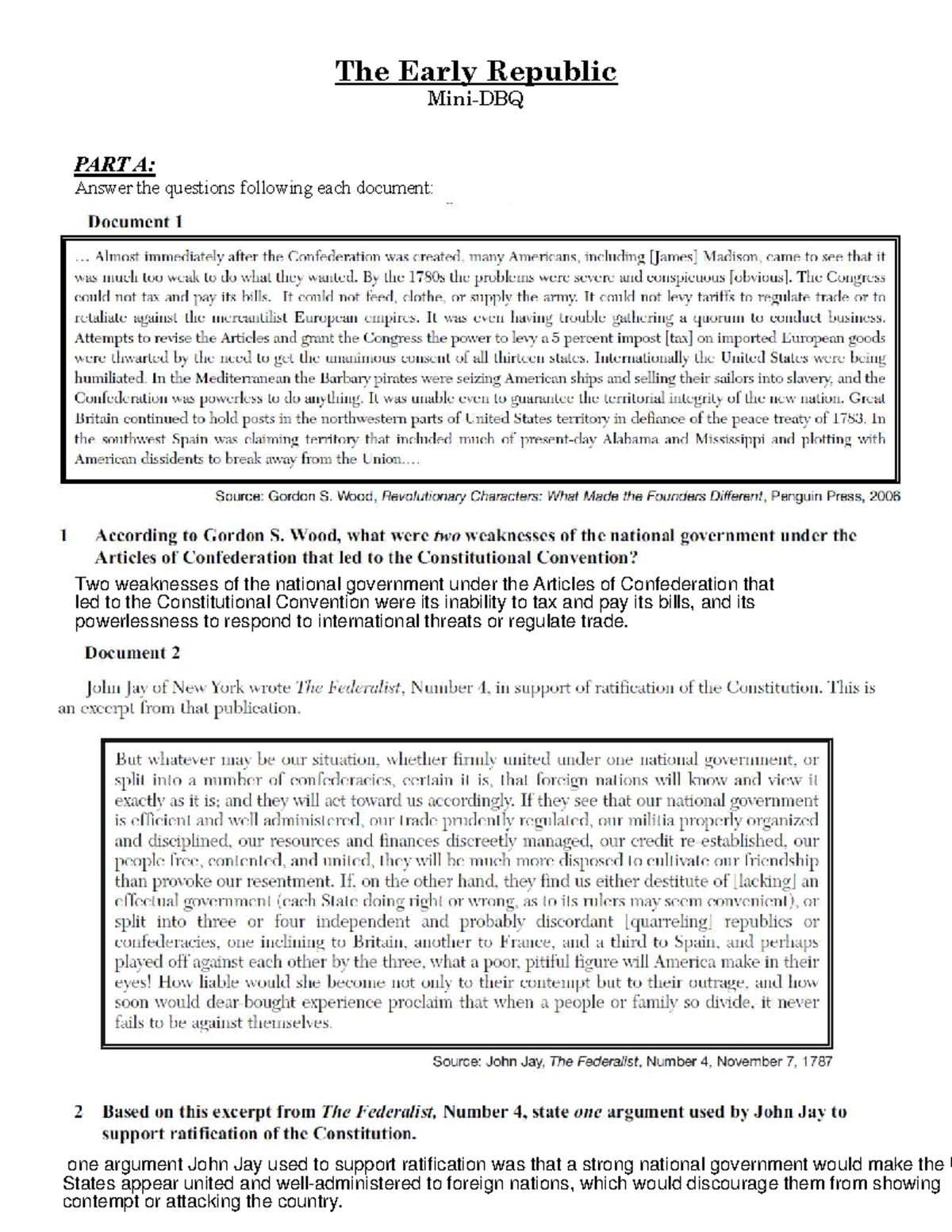 The Early Republic Mini DBQ: Analyzing Government Weaknesses and ...