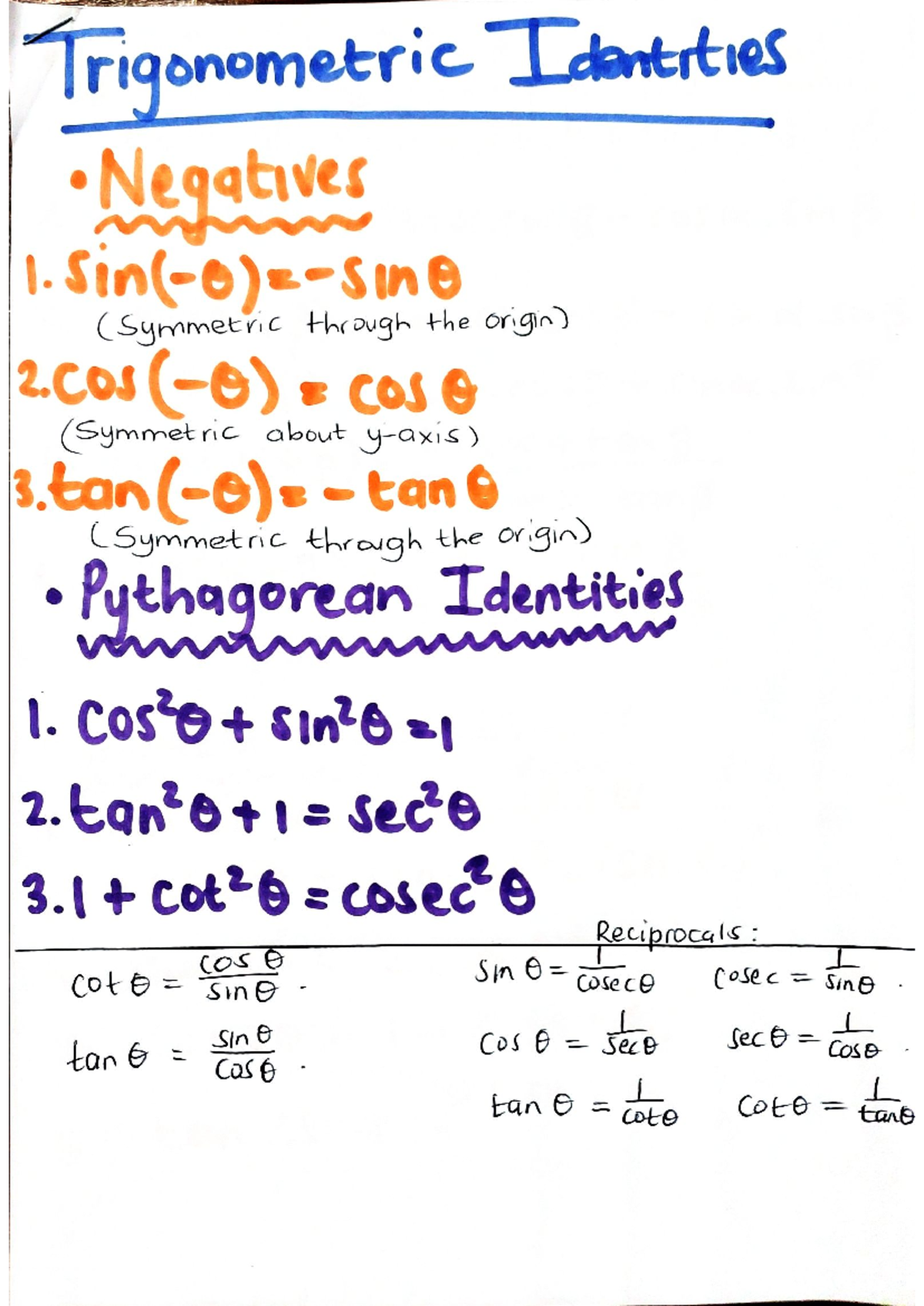 Unit 7 Trigonometric Identity Notes: Symmetric & Pythagorean Forms ...